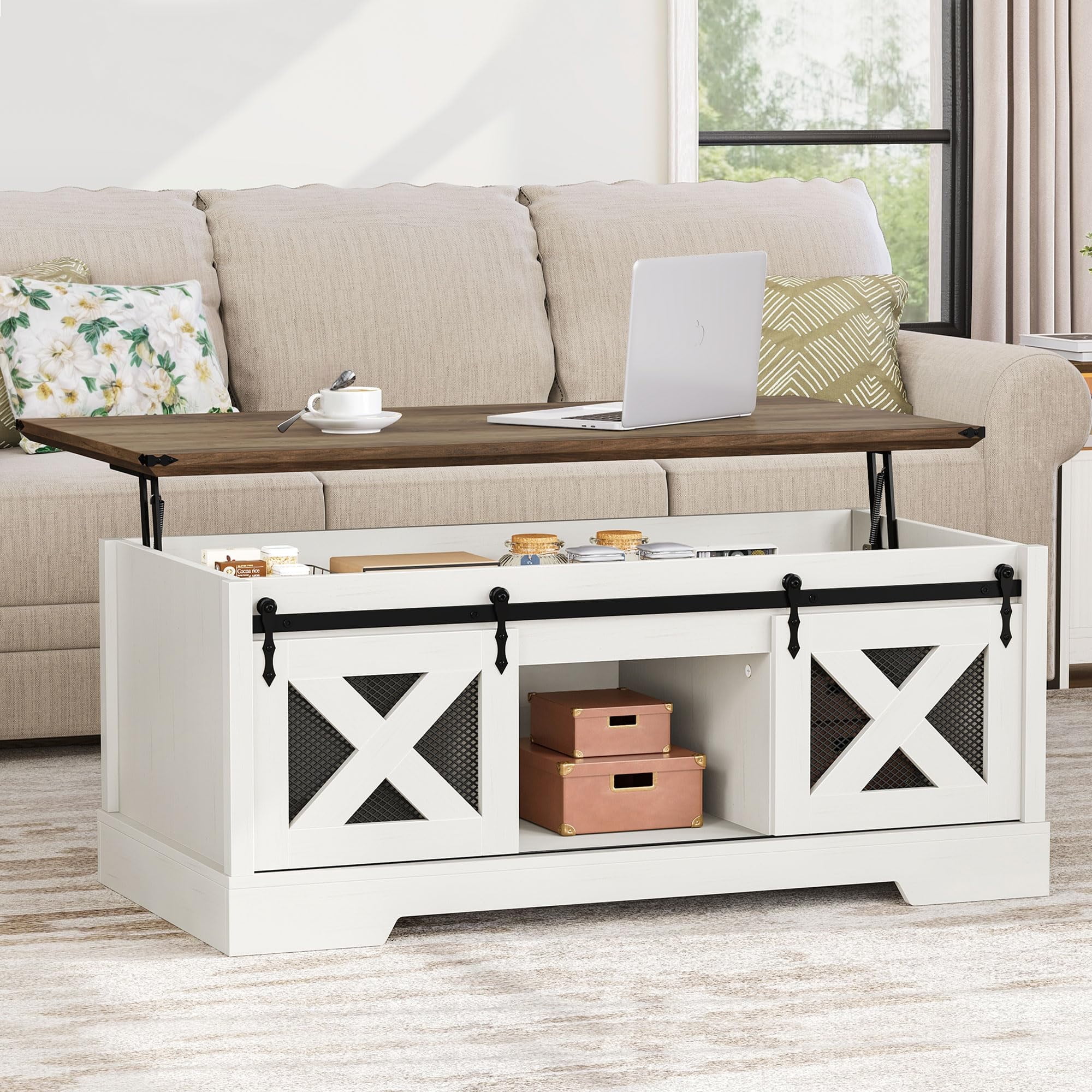 Dextrus Farmhouse Lift Top Coffee Table with Storage & Sliding Door ...