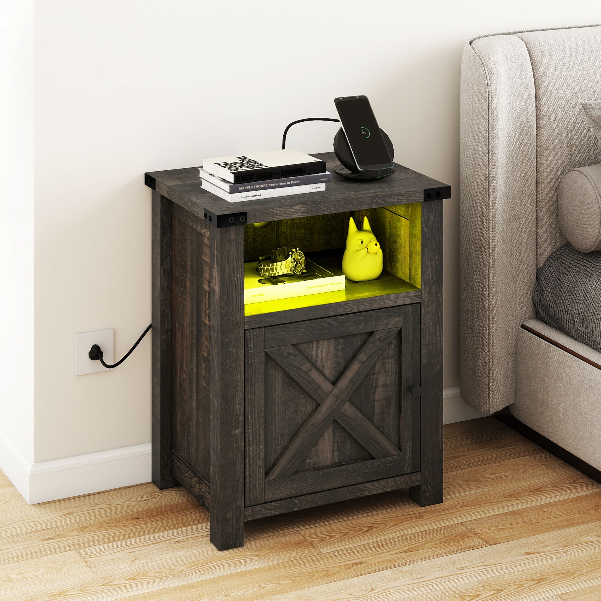 Dextrus Farmhouse Nightstand with RGB LED Light, Wood Bedside Table ...