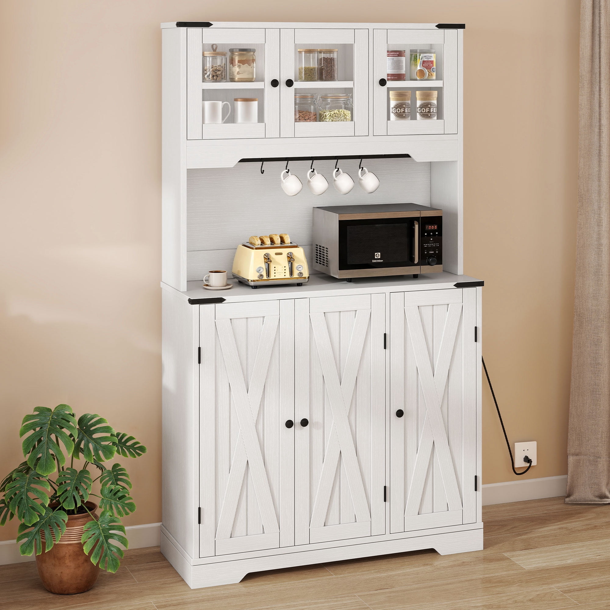 Dextrus Farmhouse Pantry Storage Cabinet with Power Outlets & Hooks ...