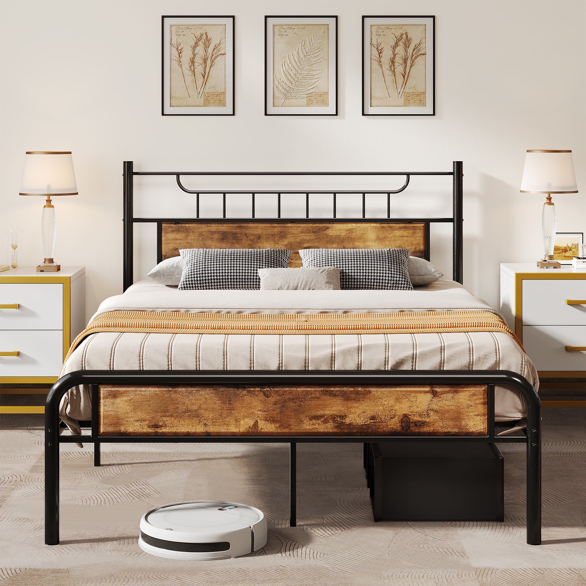 Dextrus Farmhouse Queen Platform Metal Bed Frame with Headboard ...