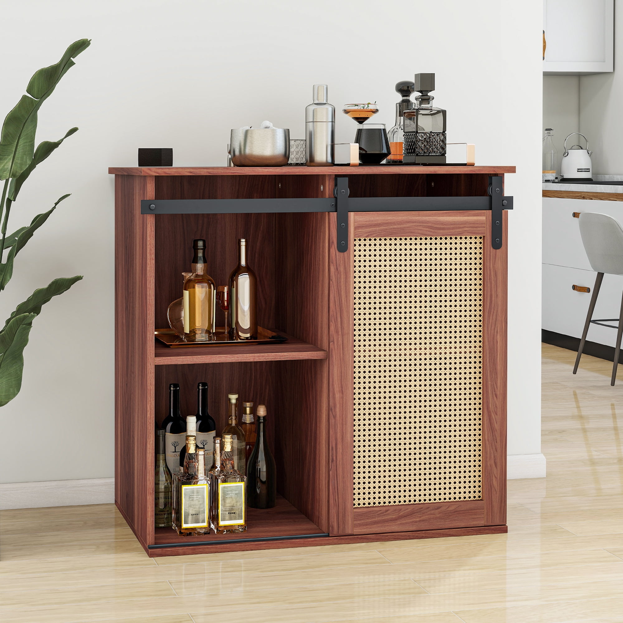 Dextrus Farmhouse Rattan Wine Bar Cabinet with Sliding Door and Movable ...