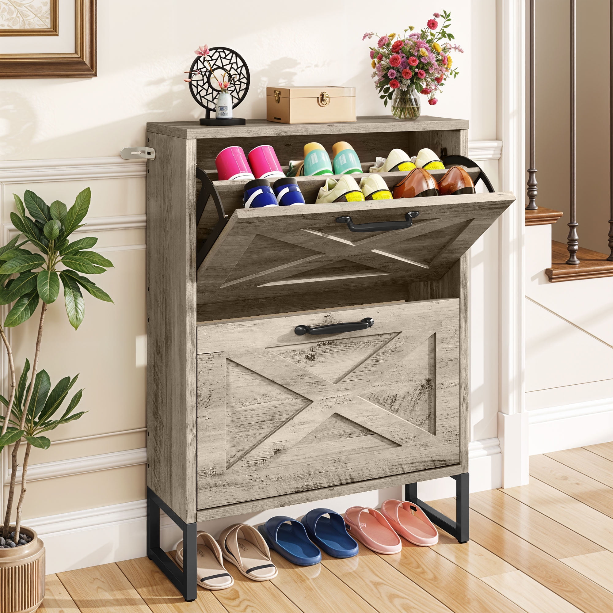 Dextrus Farmhouse Shoe Cabinet with 2 Flip Drawers, Free Standing ...
