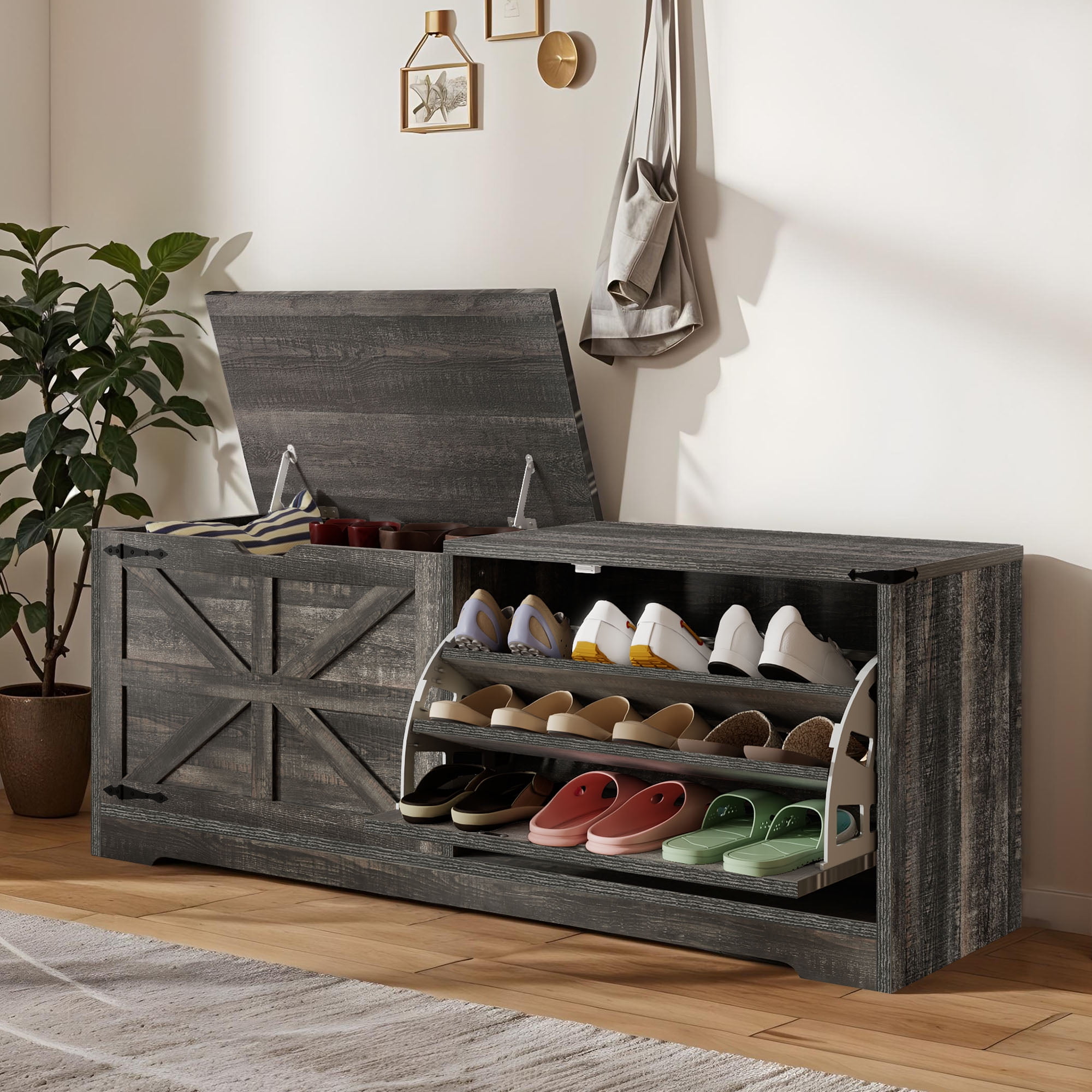 Dextrus Farmhouse Shoe Cabinet with 3 Flip Drawers & Bench, Slim Shoe ...