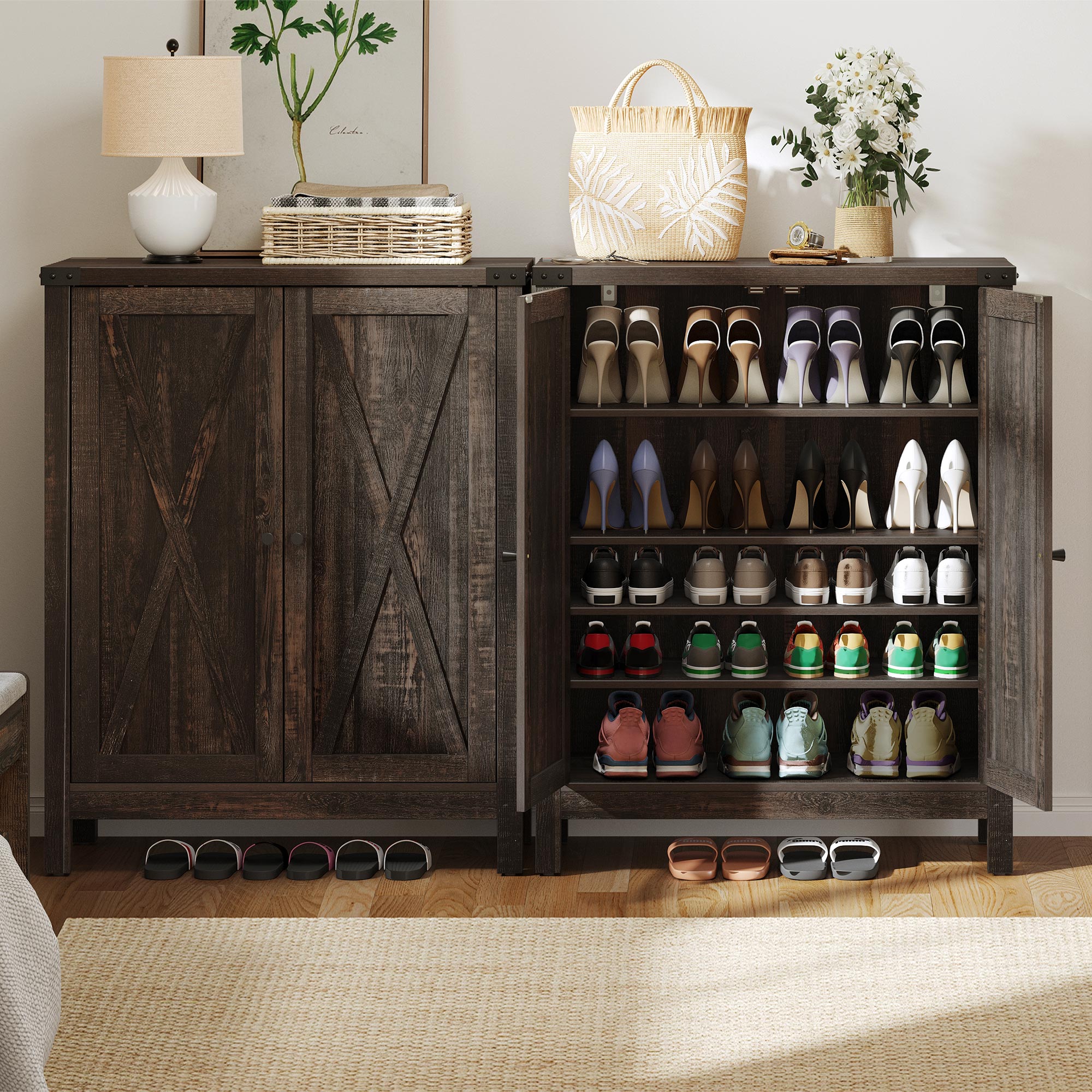 Dextrus Farmhouse Shoe Cabinet with Barn Doors, 5-Tier Shoe Storage ...