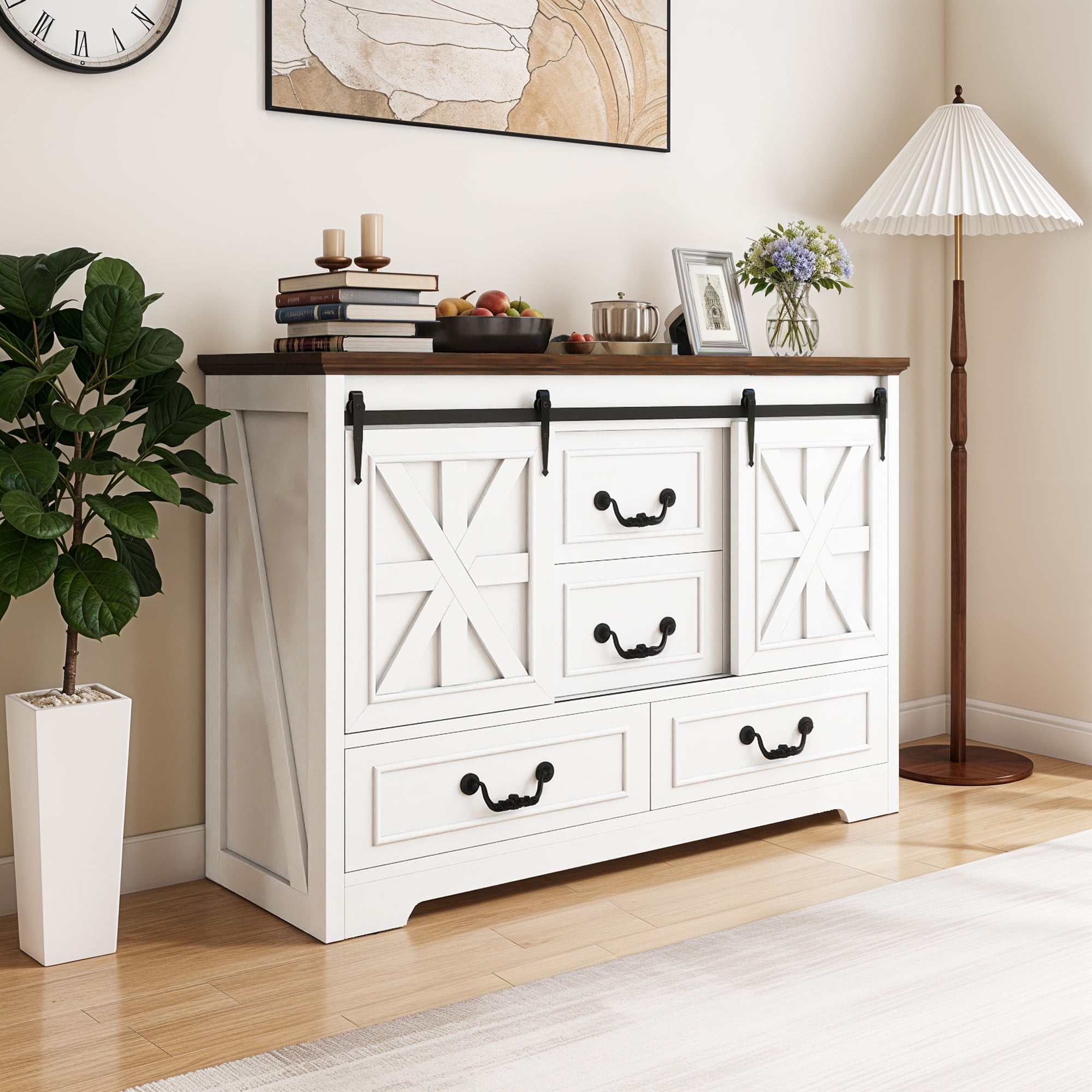 Dextrus Farmhouse Sideboard Storage Cabinet with 4 Drawers & 3 Doors ...
