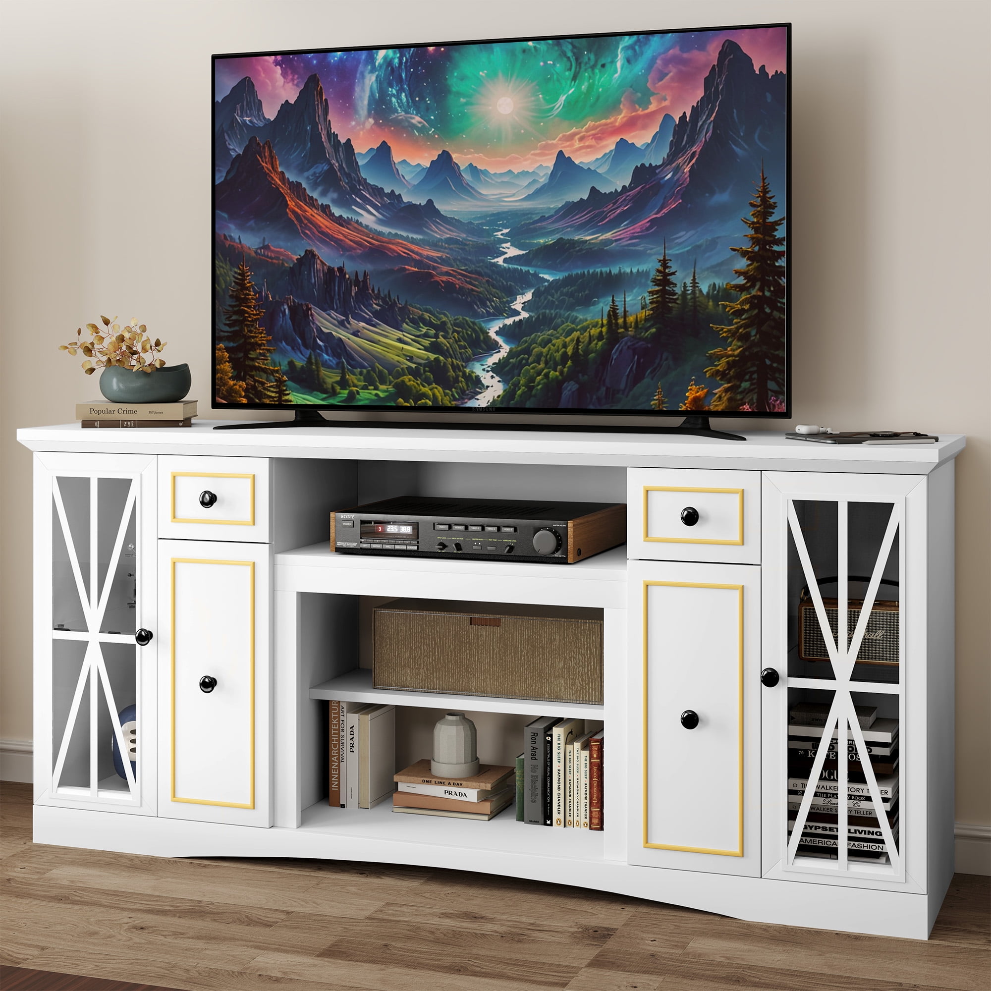 Dextrus Farmhouse Style 65 inch TV Cabinet with Fireplace for up to 75 ...