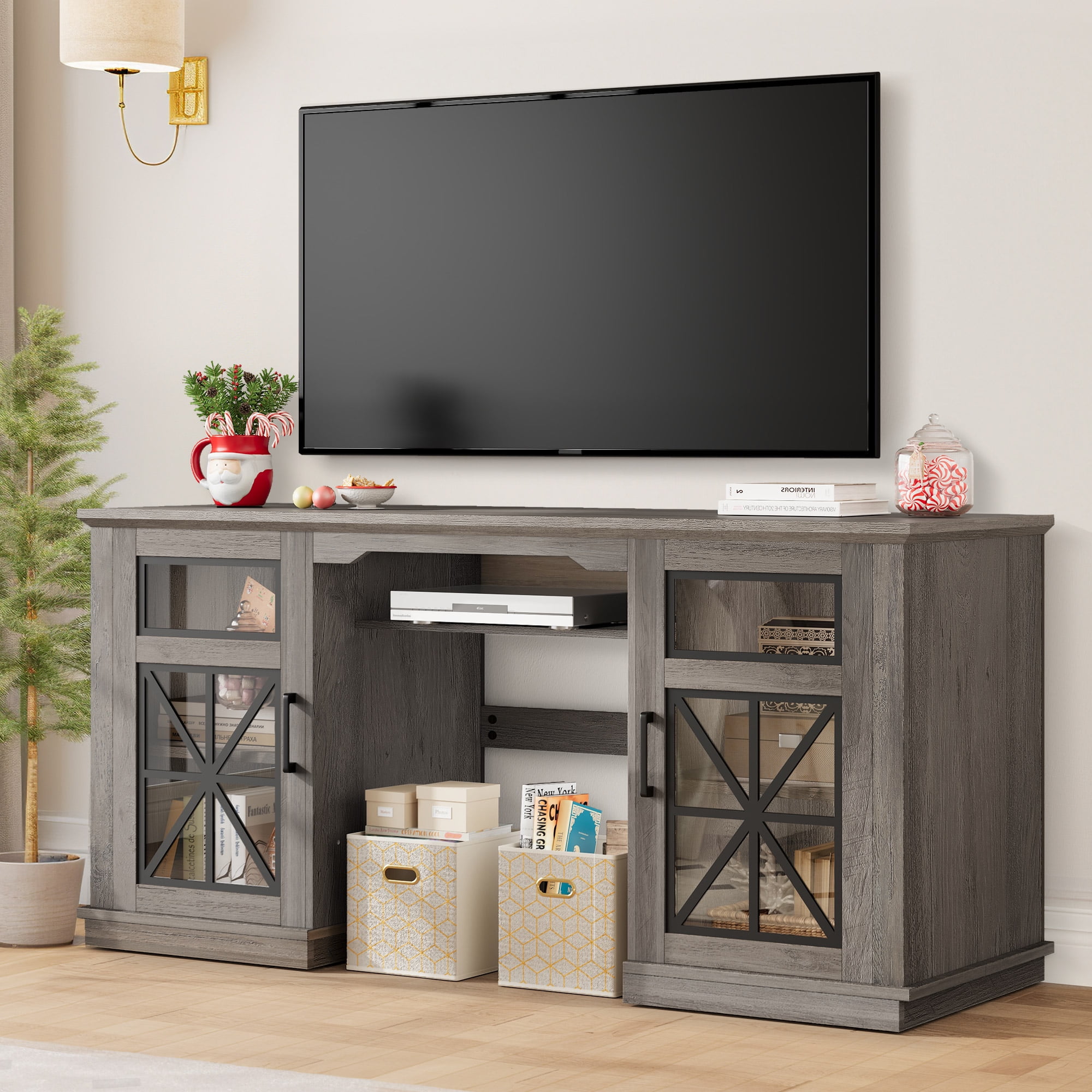 Dextrus Farmhouse TV Stand for TVs up to 65'' w/Glass Doors, Highboy Entertainment Center ...
