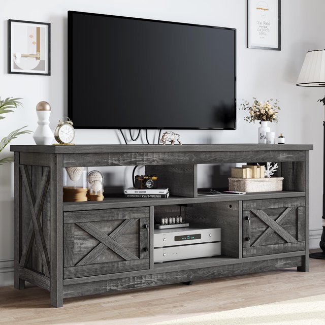 Dextrus Large Farmhouse TV Stand for 65 inch, Power Outlet, Media Console with Shelves, Gray ...