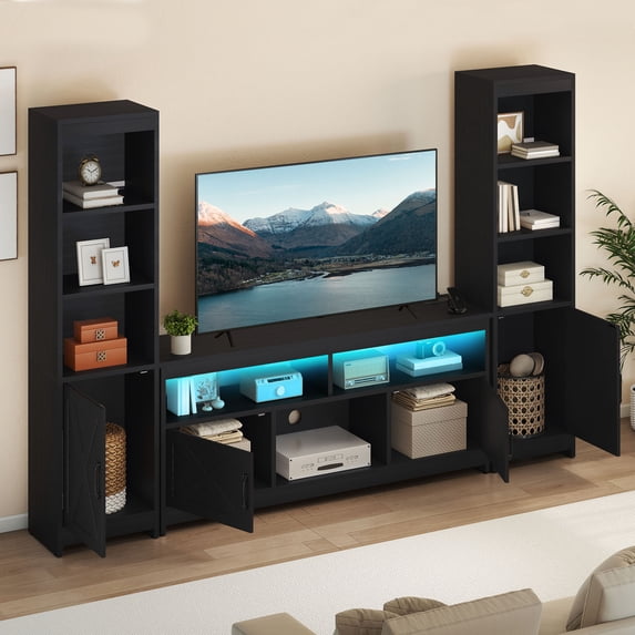 Dextrus Farmhouse TV Stand with Bookshelves & LED Lights & Power ...