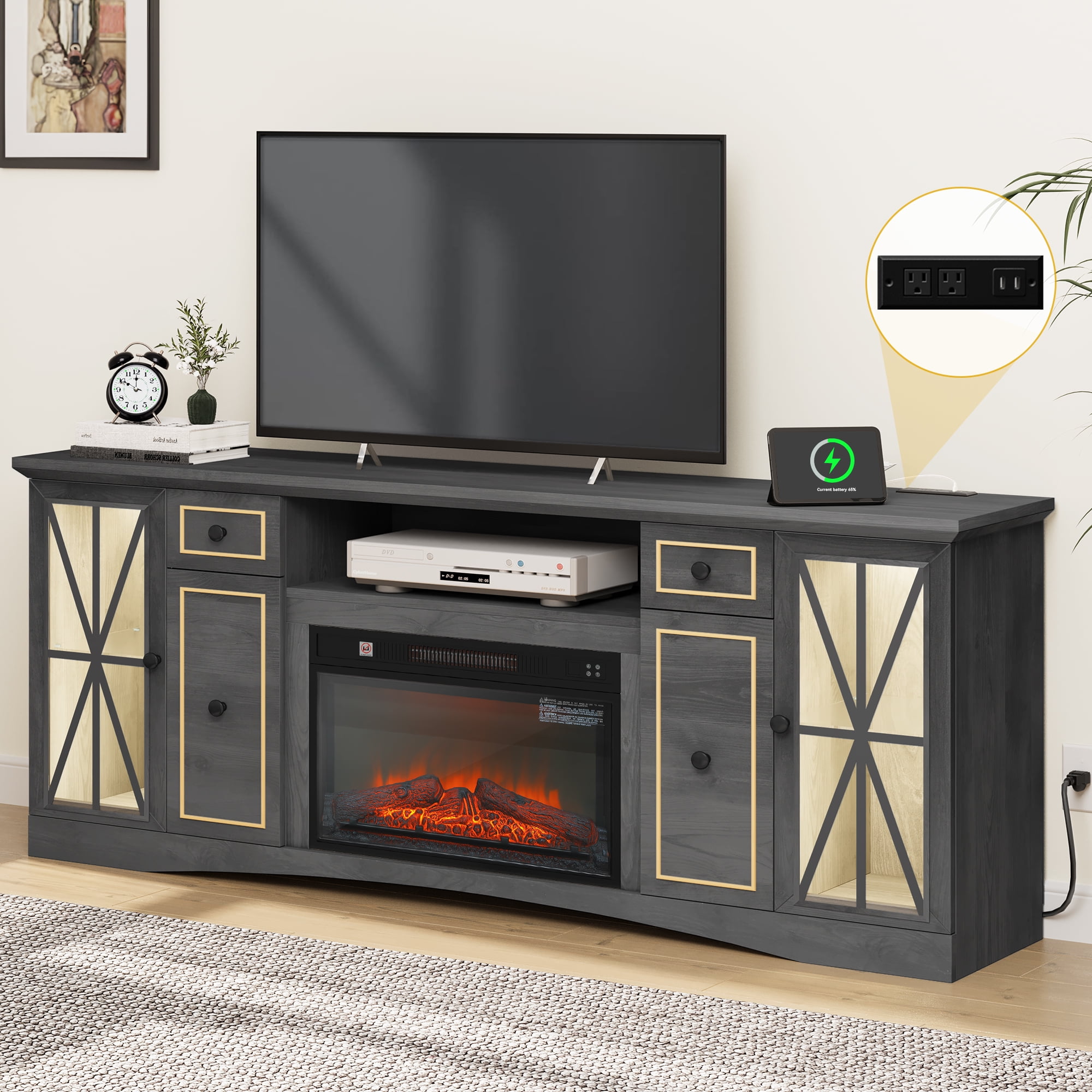 Dextrus 70 Inch Grey Farmhouse TV Stand with Electric Fireplace ...