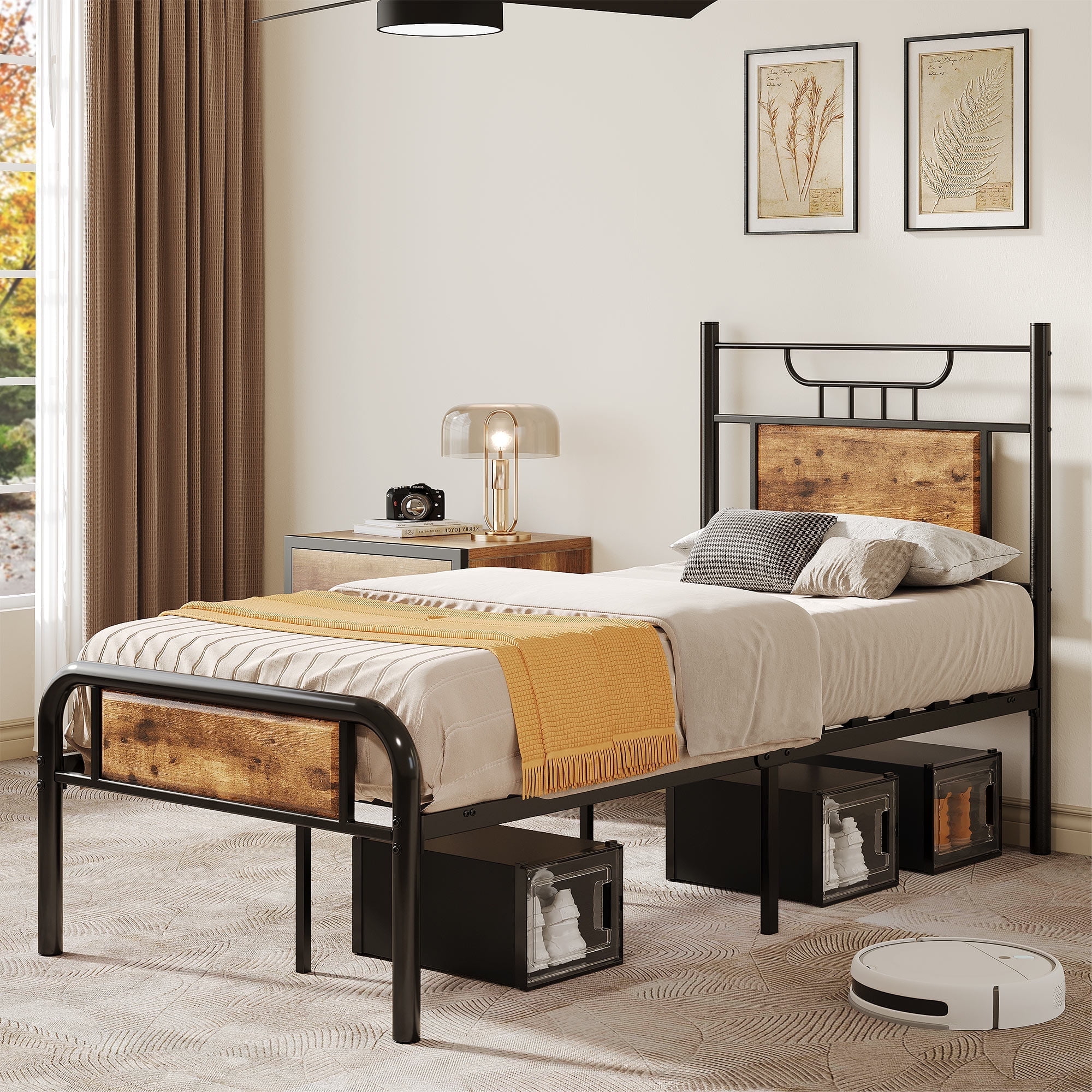 Dextrus Farmhouse Twin Platform Metal Bed Frame with Headboard ...
