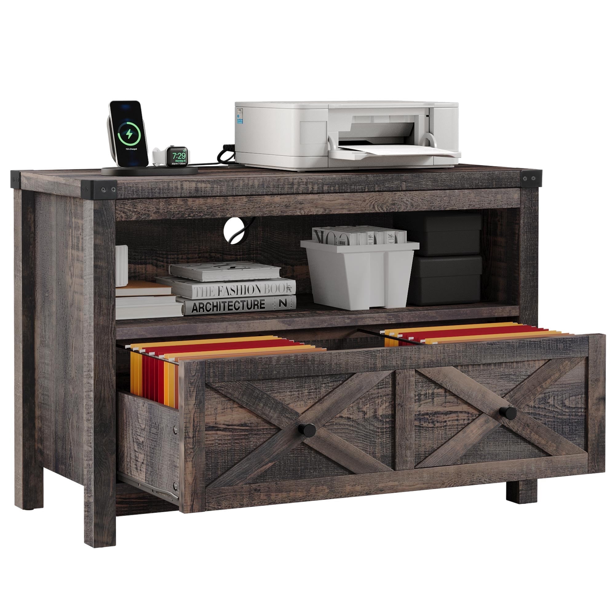 DEXTRUS Farmhouse Wood File Cabinet with Charging Station, Rustic Oak ...