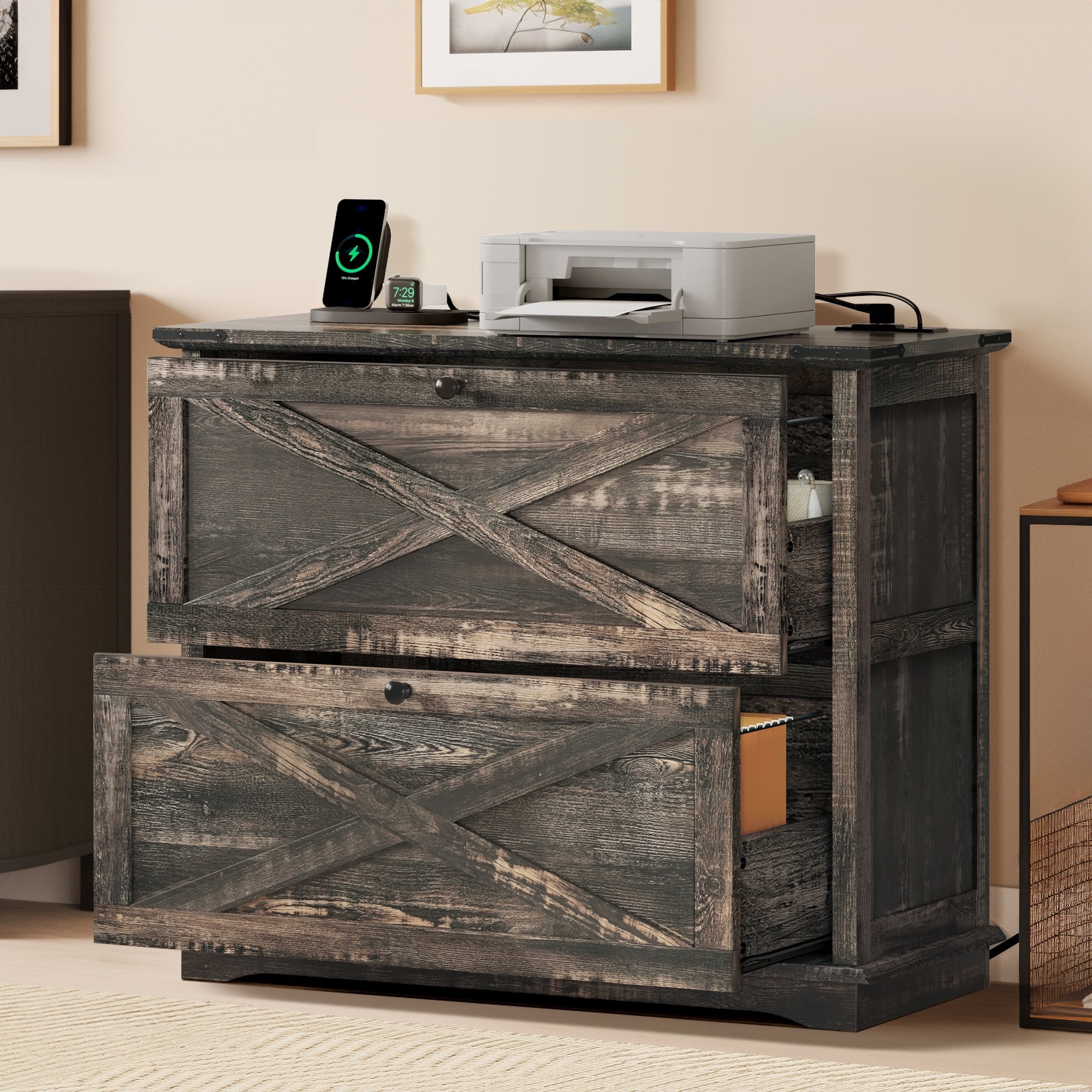 Dextrus Farmhouse Wood File Cabinet with Charging Station, 2 Drawer ...
