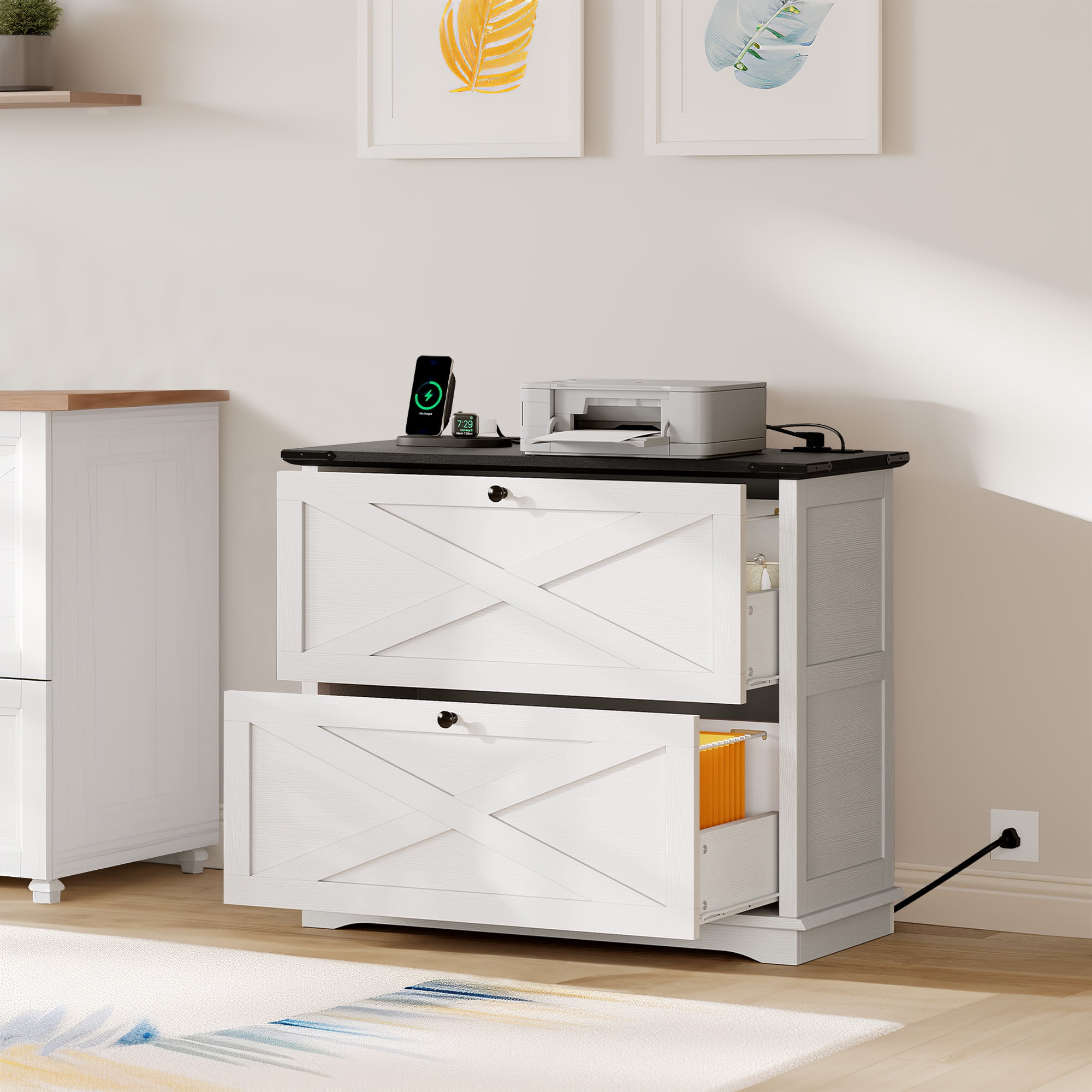 Dextrus Farmhouse Wood File Cabinet with Charging Station, 2 Drawer ...