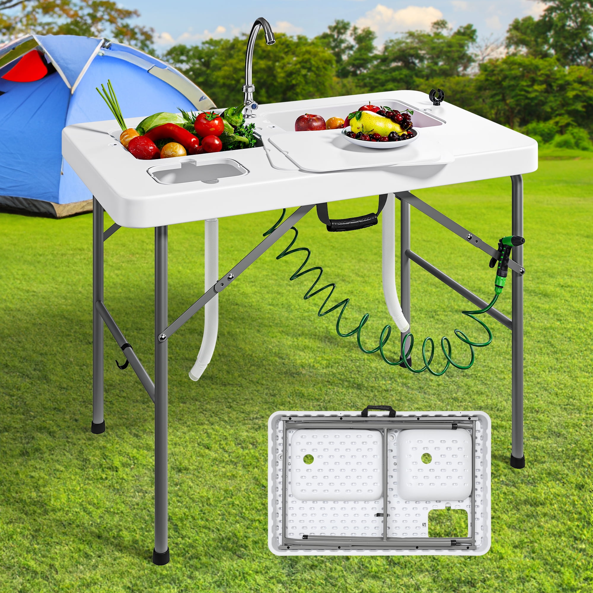 Dextrus Fish Cleaning Table with Deep Sinks & Sprayer 40" Portable Fish ...