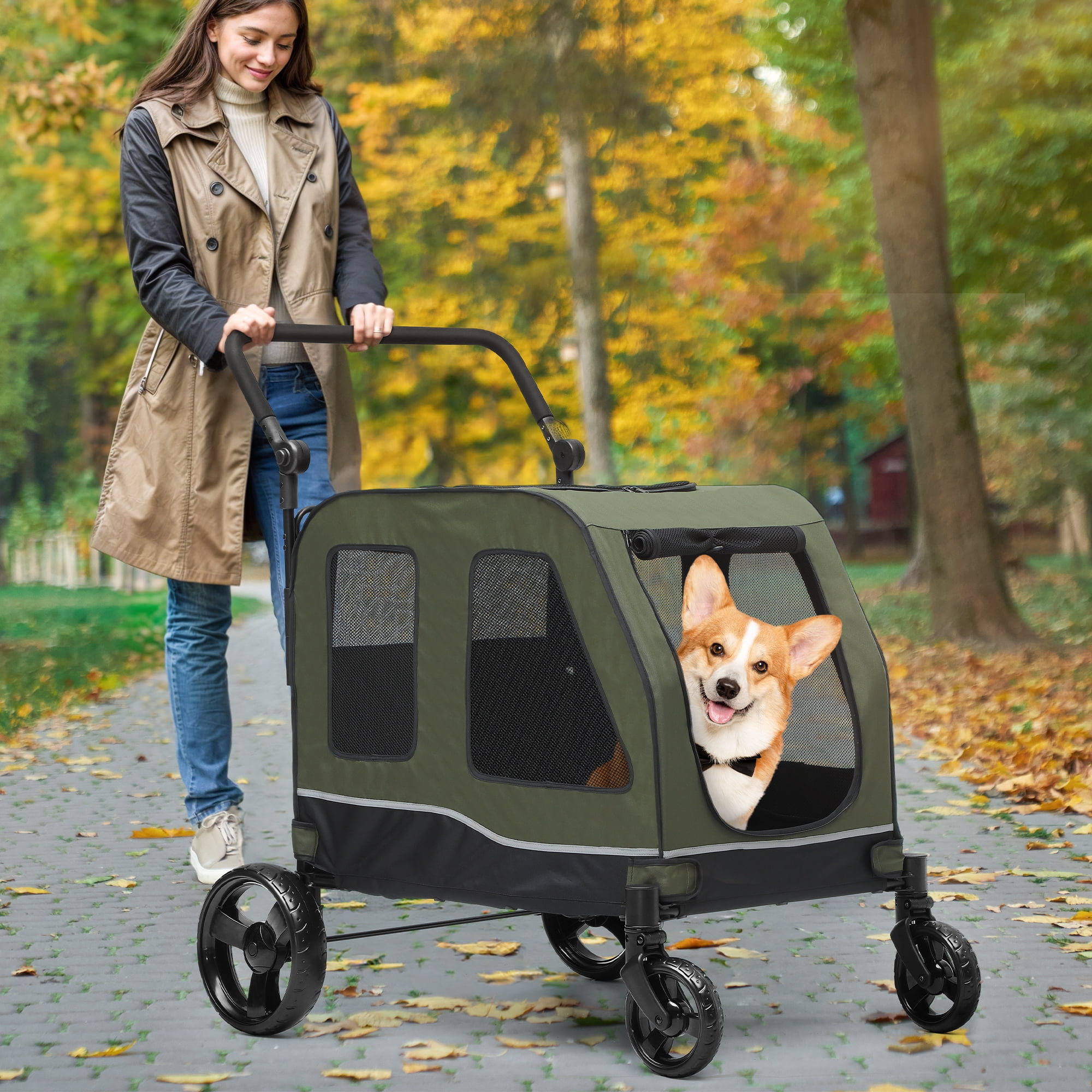 Dextrus Foldable Dog Stroller, 4-Wheel Pet Stroller, Military Green ...