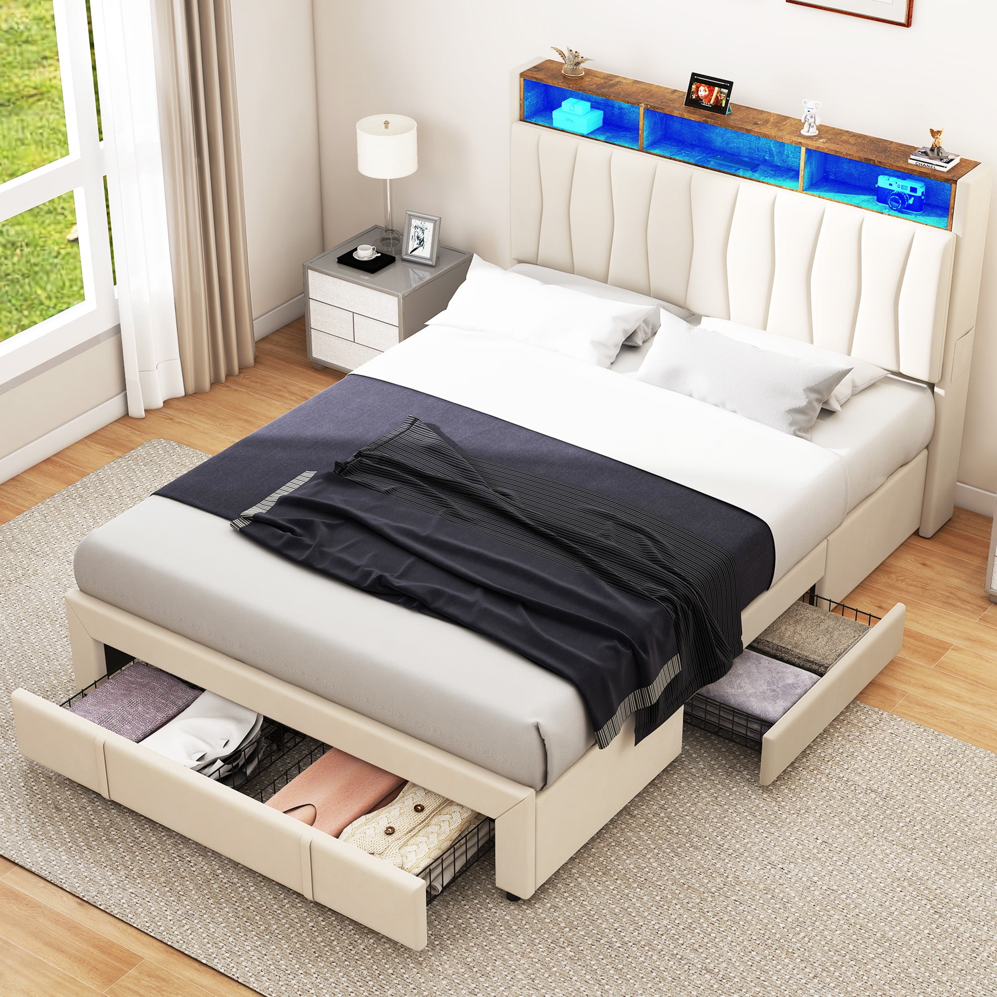Dextrus Full Bed Frame with Storage, Adjustable LED, Upholstered ...