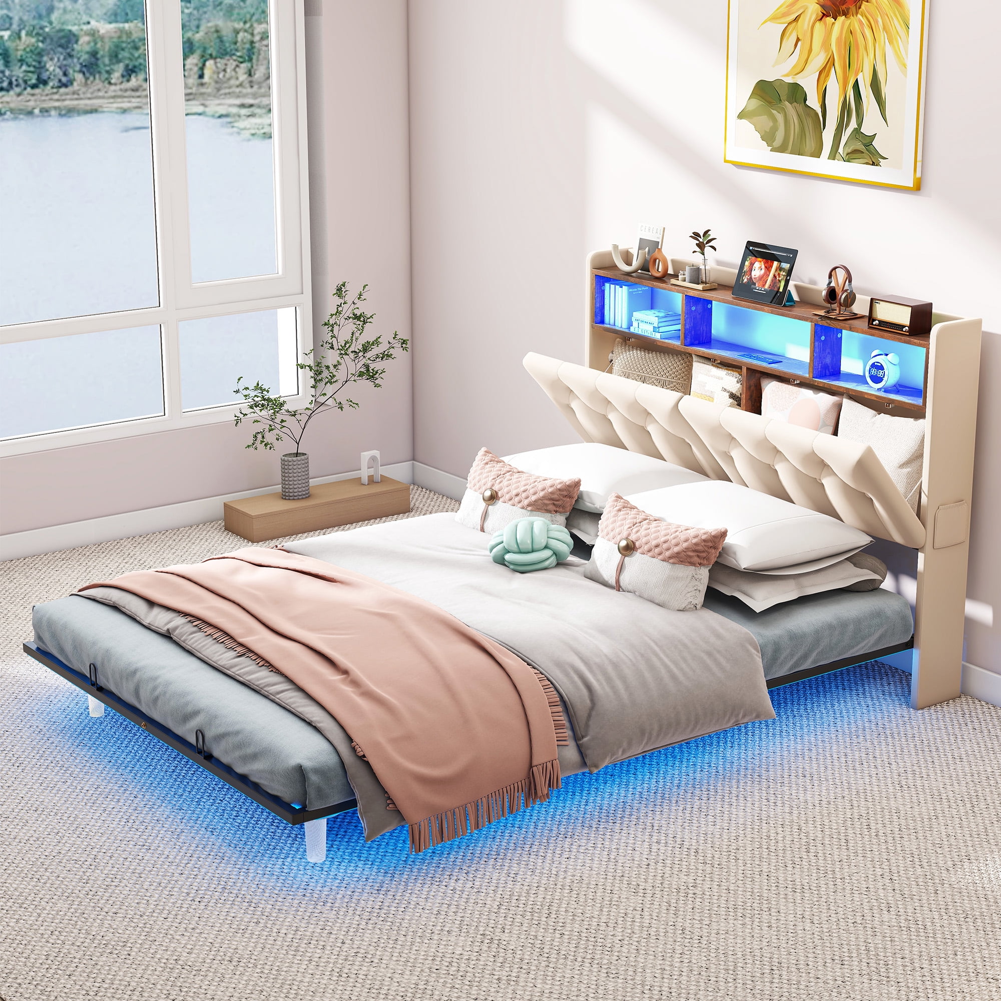 Dextrus Full Floating Bed Frame, LED Lighted PU Leather Upholstered ...