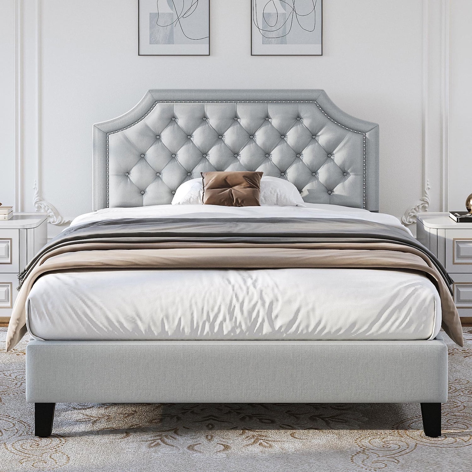 Dextrus Upholstered Bed Frame with Adjustable Headboard, Full Size ...