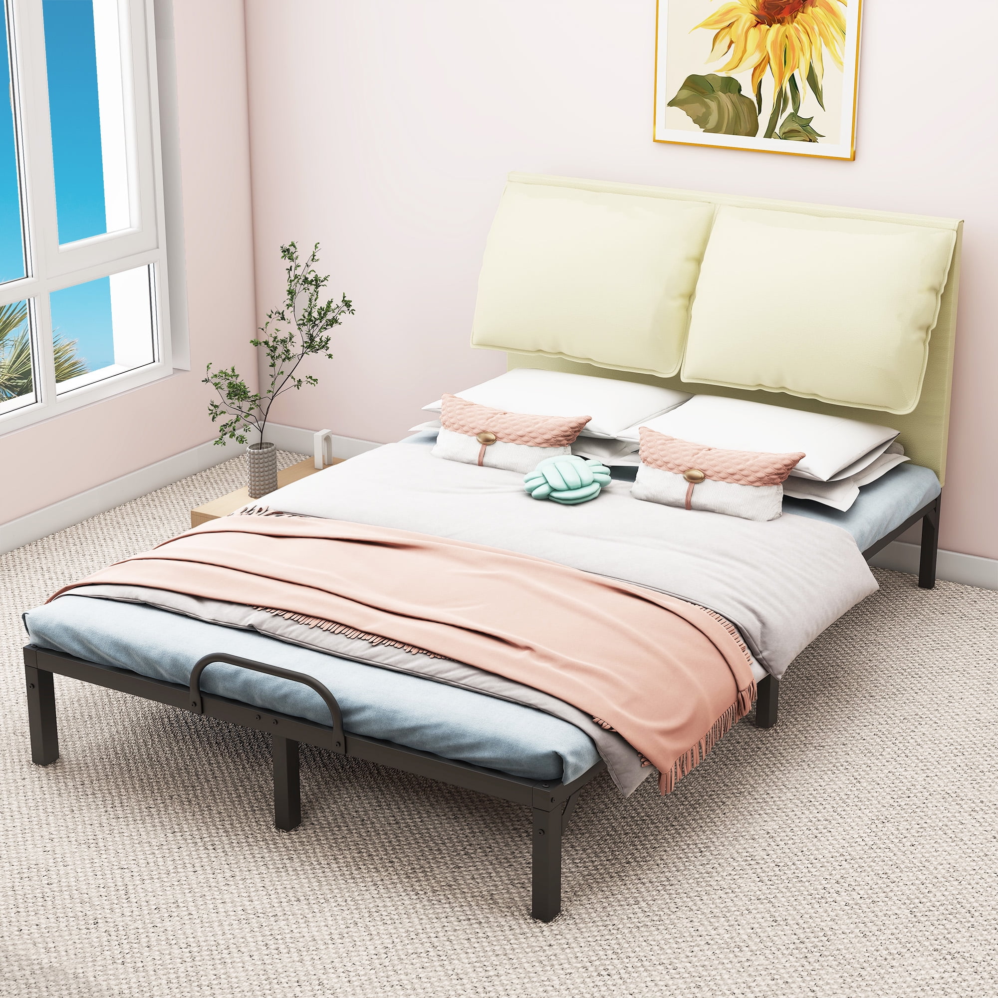 Dextrus Full Size Metal Bed Frame with Soft PU Leather Headboard ...