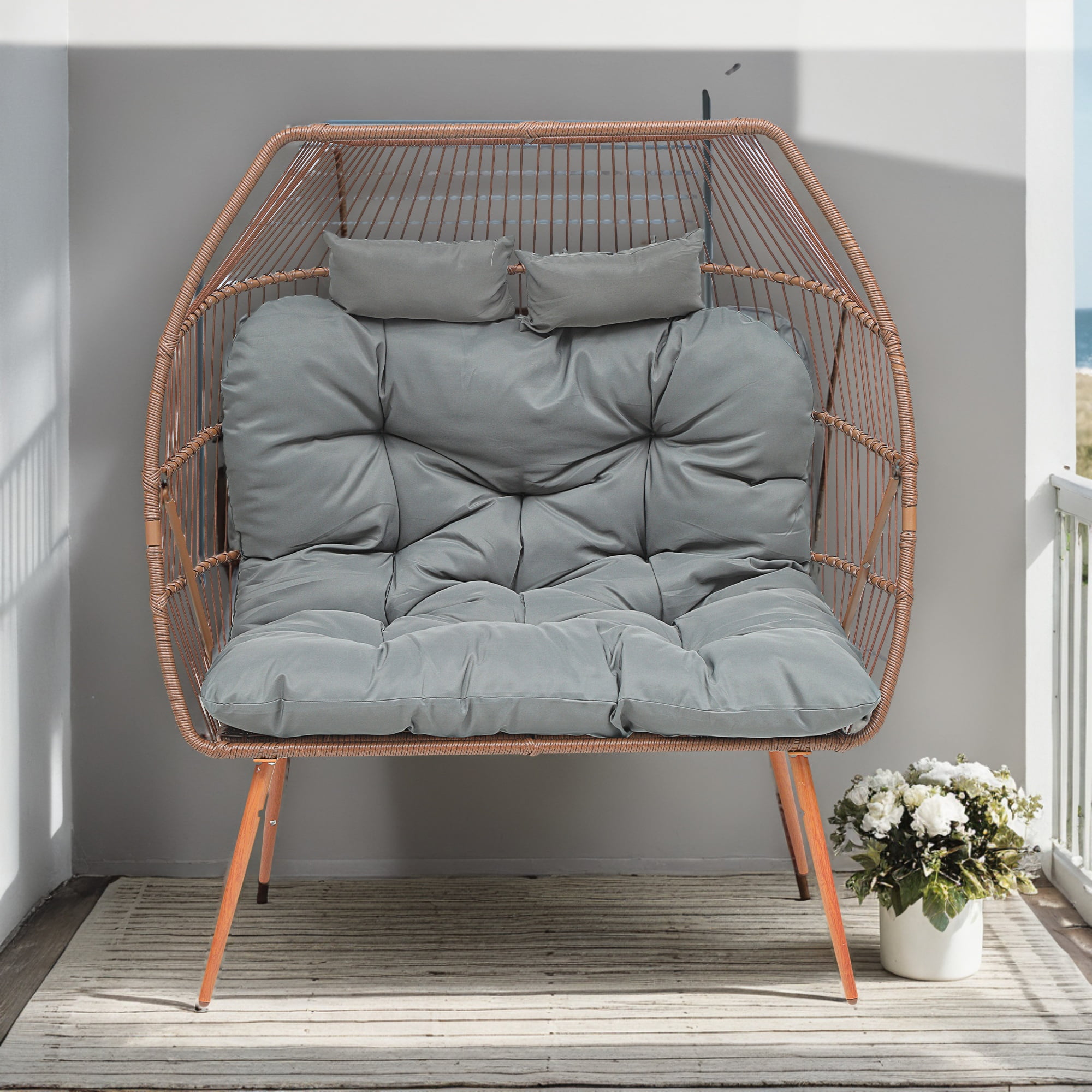 Dextrus Gray Extra Large Wicker Chair with Padded Cushions for Patio ...
