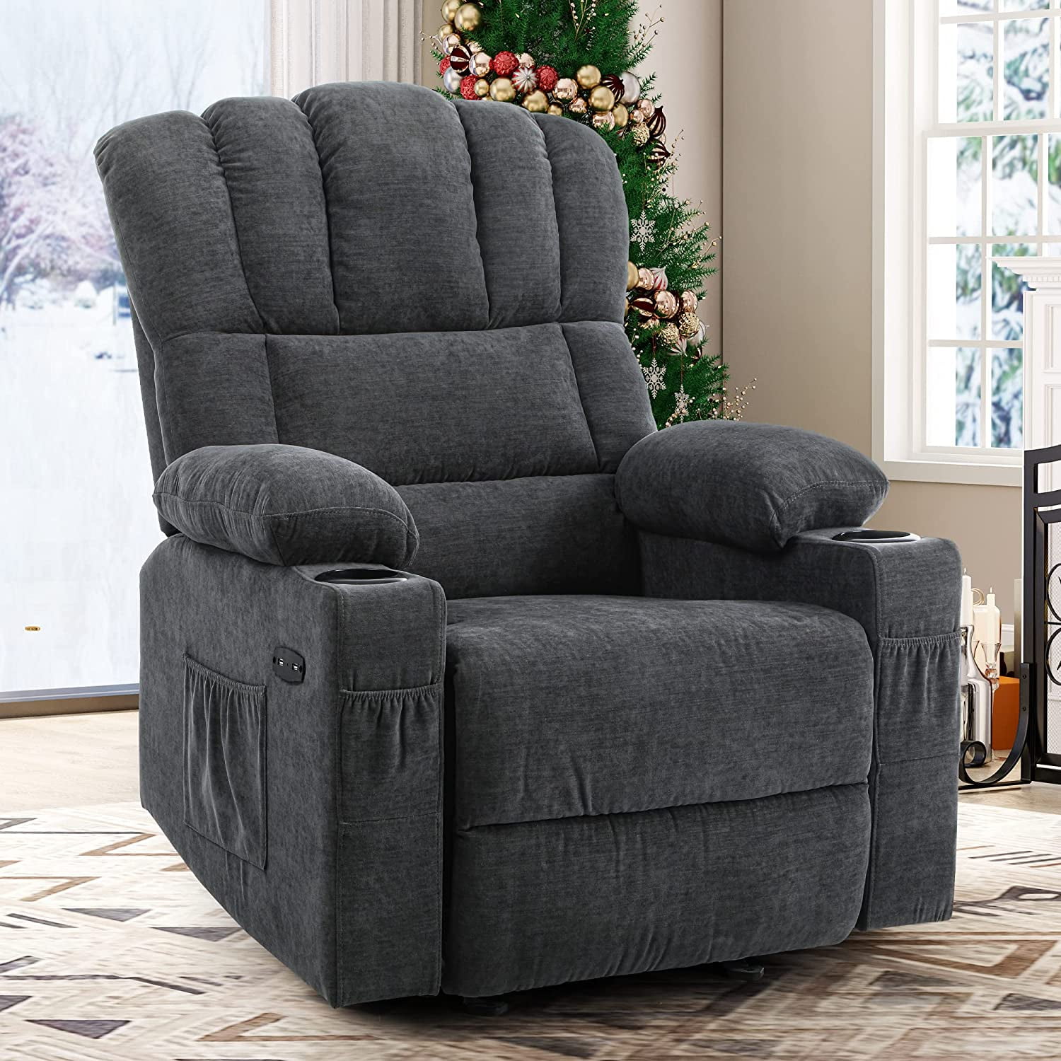 Dextrus Grey Fabric Recliner Chair with Massage and Heat, Glider Rocker ...