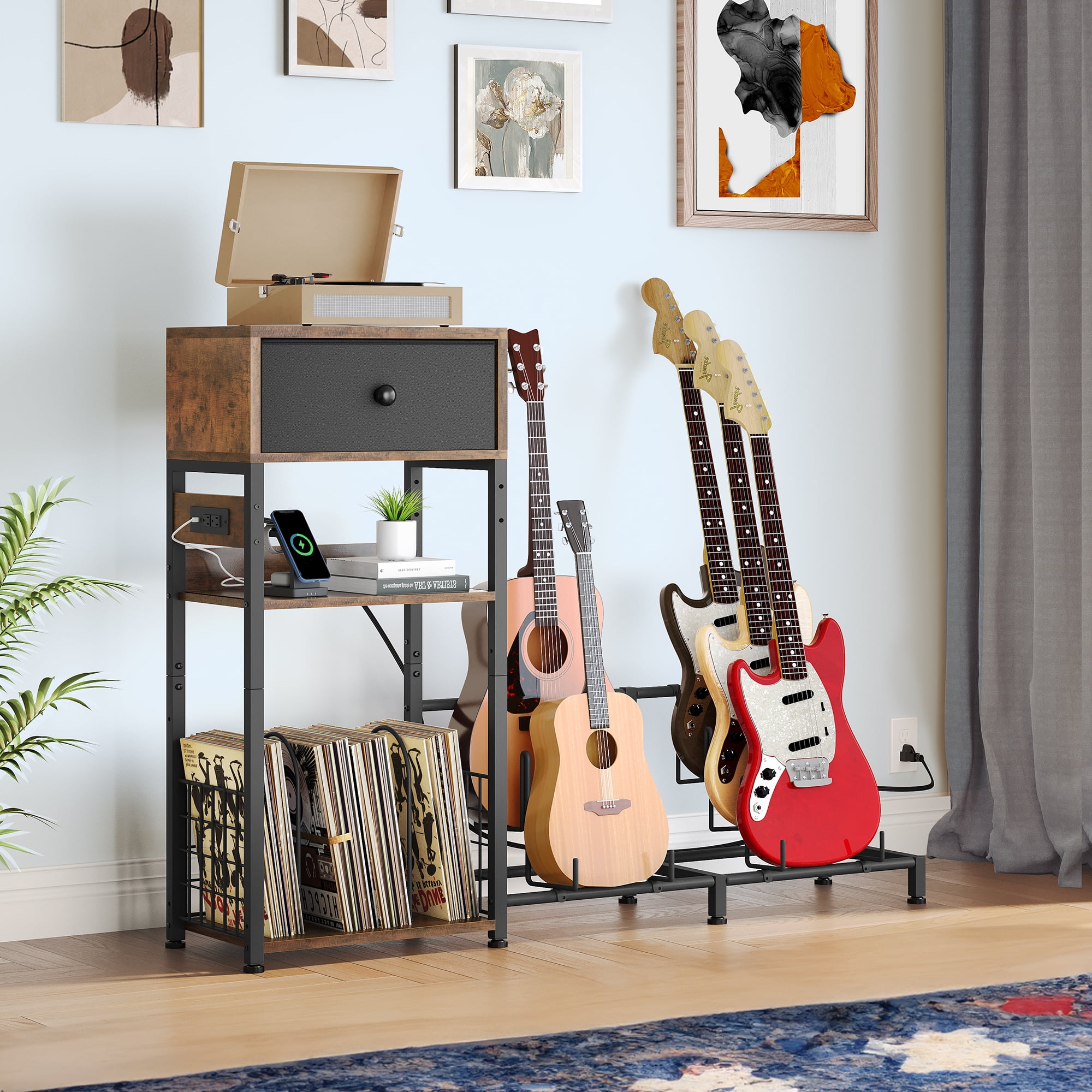 Dextrus Guitar Stand 4 Holder, Storage Drawer and Power Strip ...