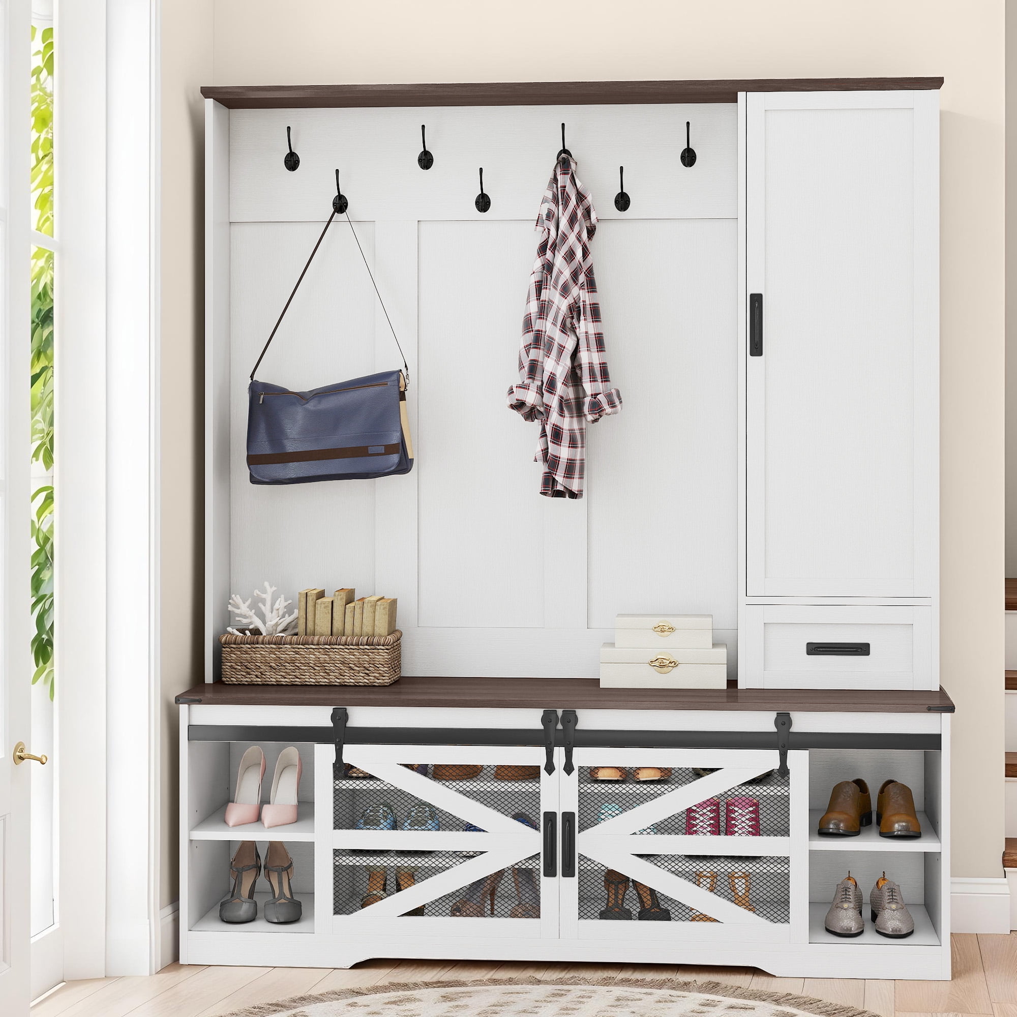 Dextrus Hall Tree with Coat Rack, Shoe Storage Bench, Farmhouse ...