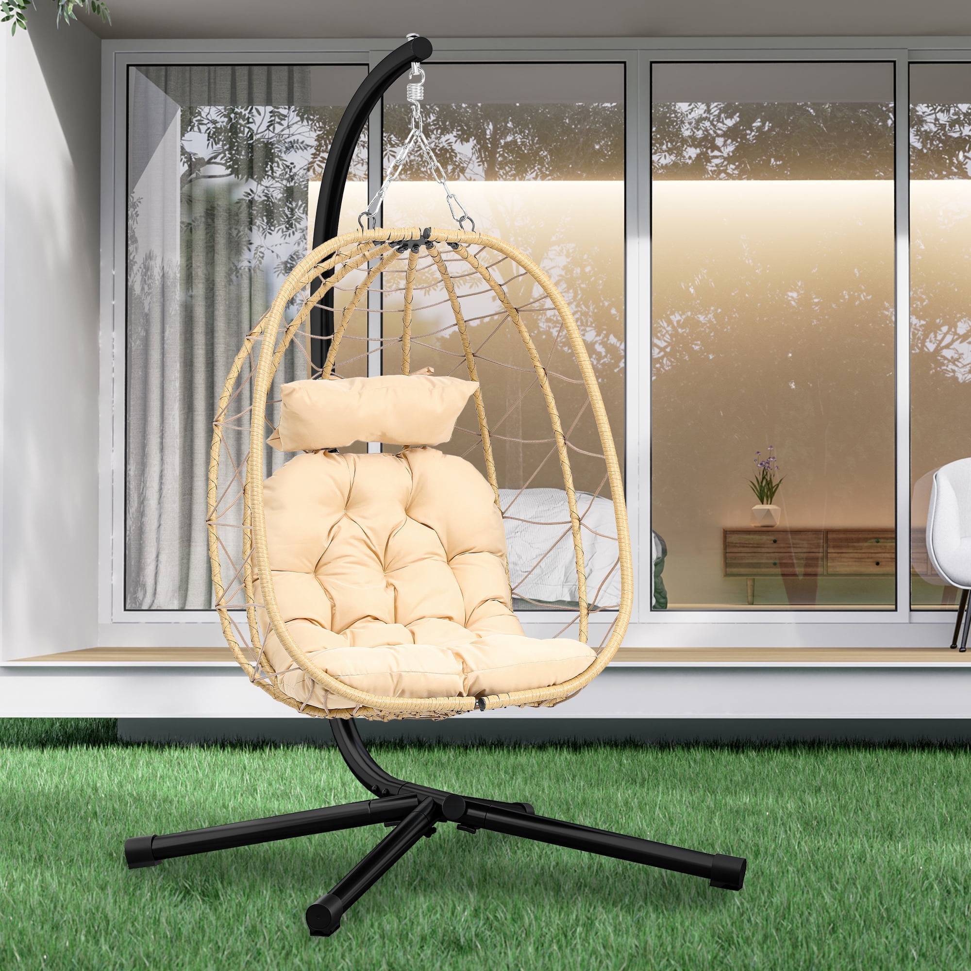 Dextrus Rattan Basket Hanging Egg Chair with Stand, Indoor/Outdoor ...