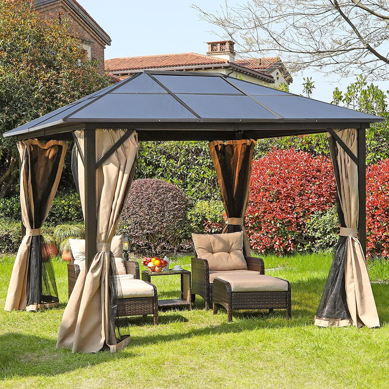 Dextrus Hard Top Outdoor Canopy Gazebo with Netting and Shaded Curtains ...