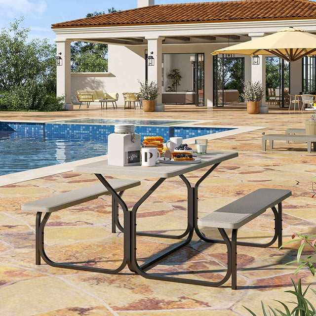 Dextrus Heavy-Duty Outdoor Picnic Table Set with Weatherproof Resin Tabletop, Sturdy Steel Frame ...