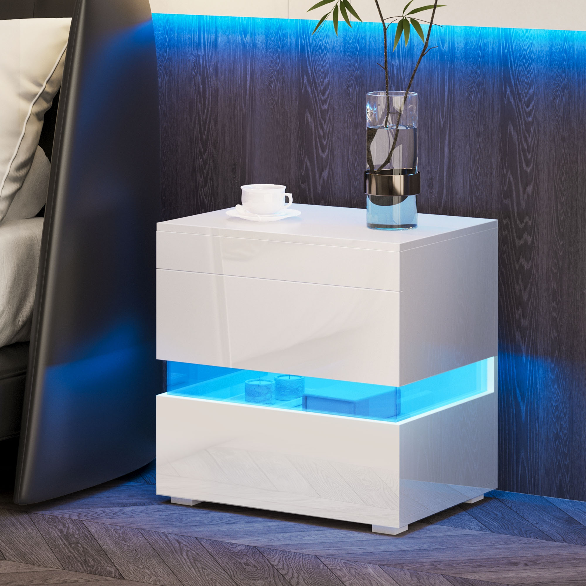 Dextrus High Gloss LED Nightstand, 22" Smart Bedside Table with ...
