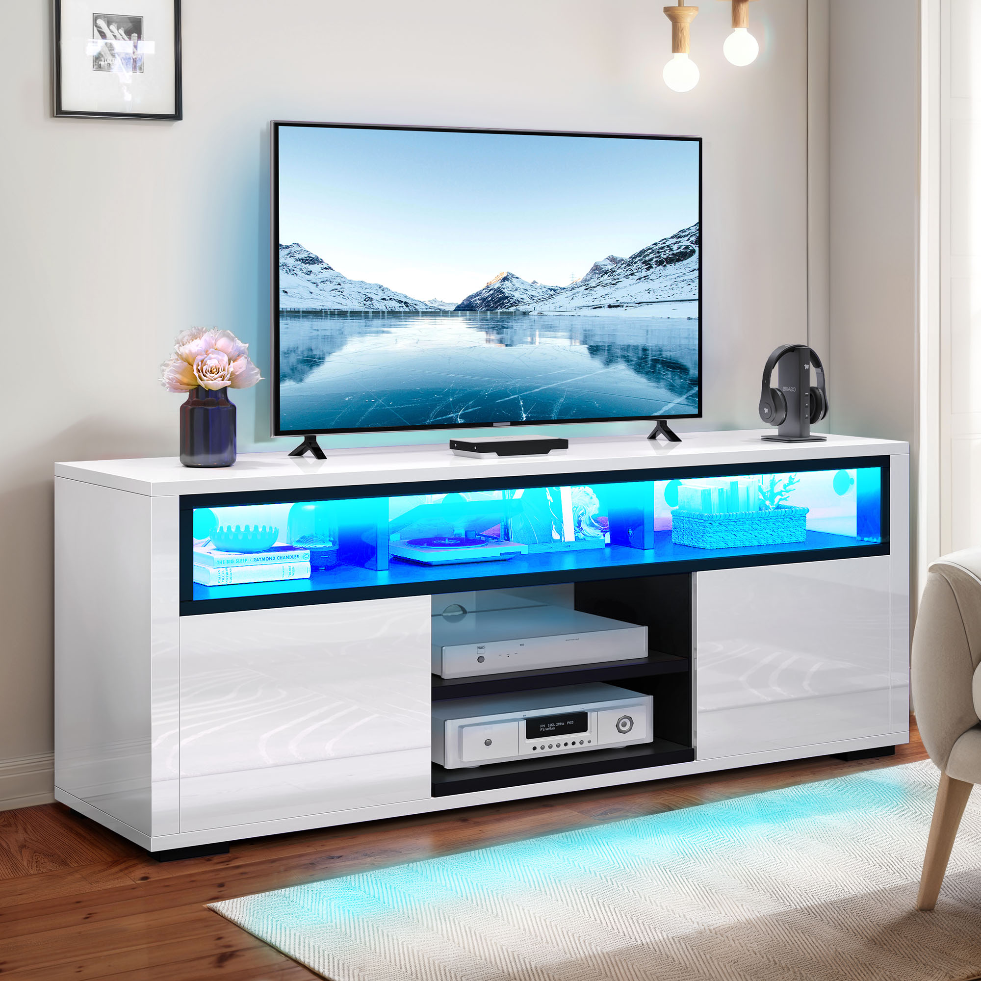 Dextrus High Gloss TV Stand with LED Ambient Lights, Modern TV Stand ...