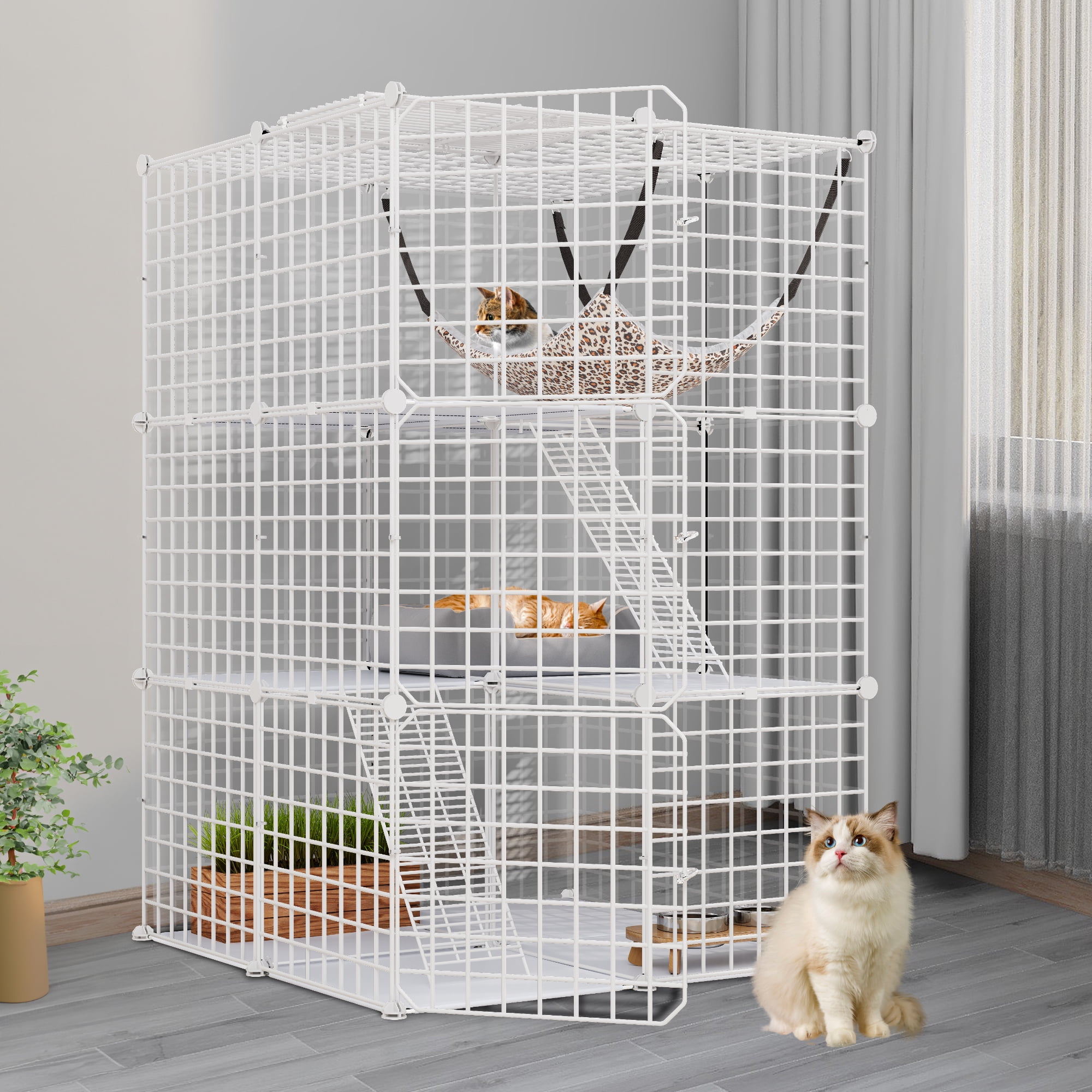 Dextrus Indoor Cat Cage - DIY Cat Enclosures Metal Playpen with 3-Tier ...