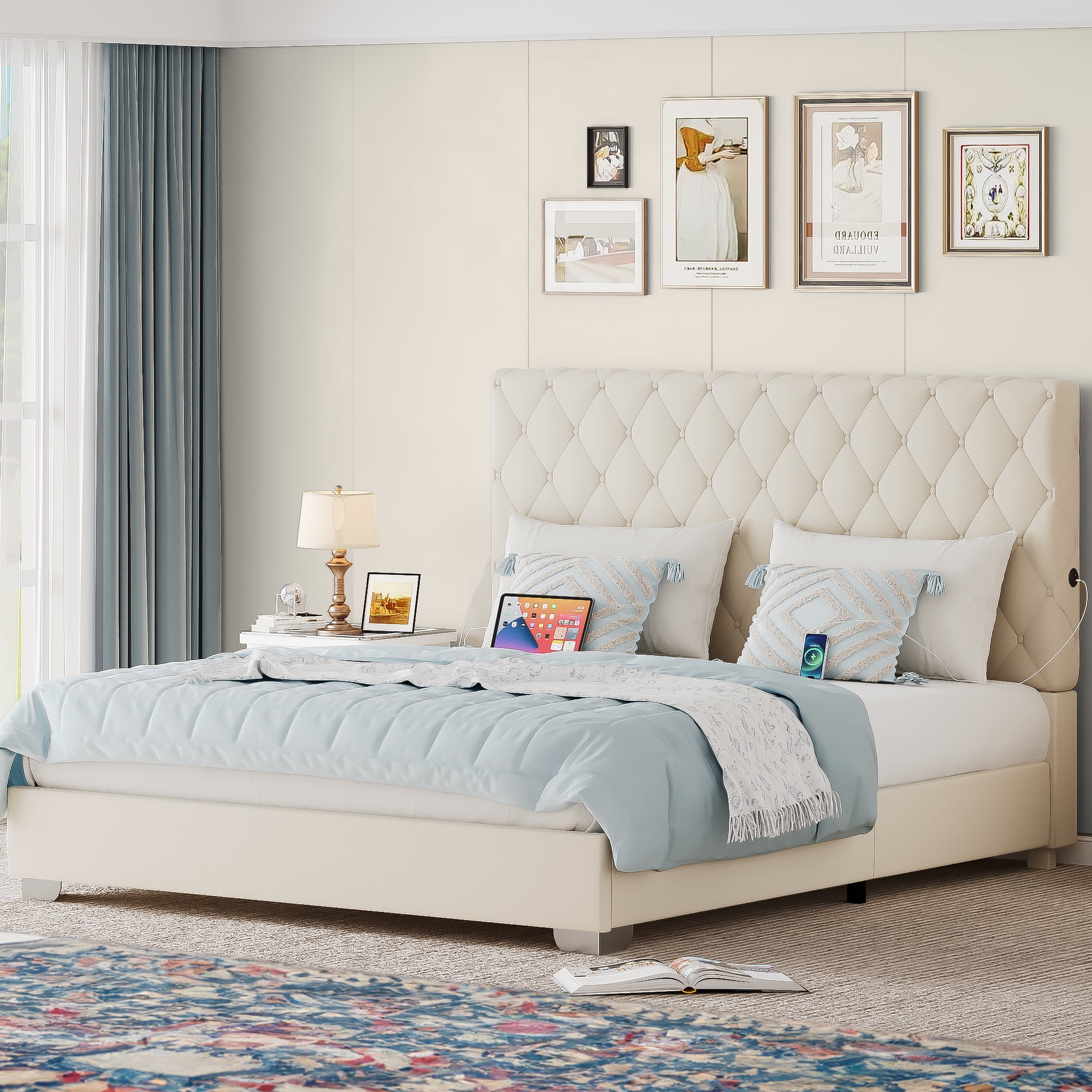Dextrus King Size Upholstered Bed Frame with Charging Station, No Box ...