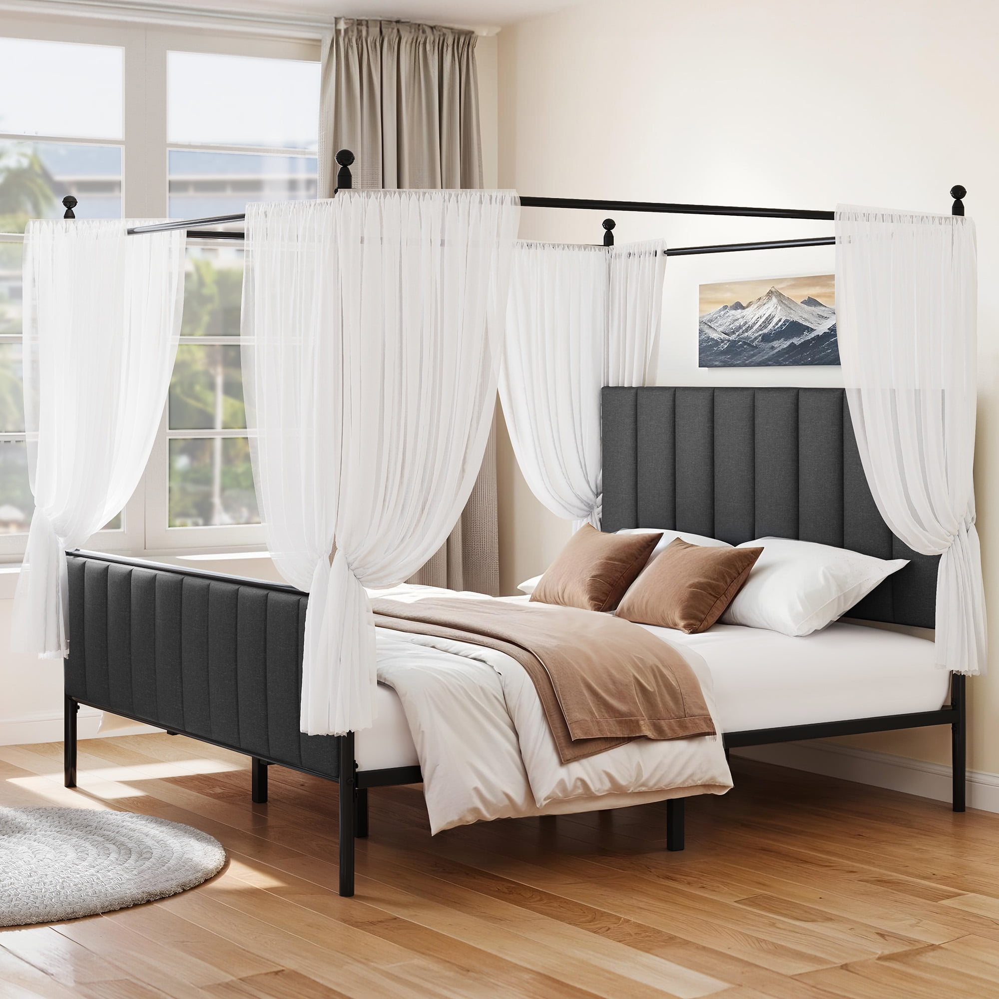 Dextrus King Upholstered Metal Canopy Bed with Adjustable Platform ...
