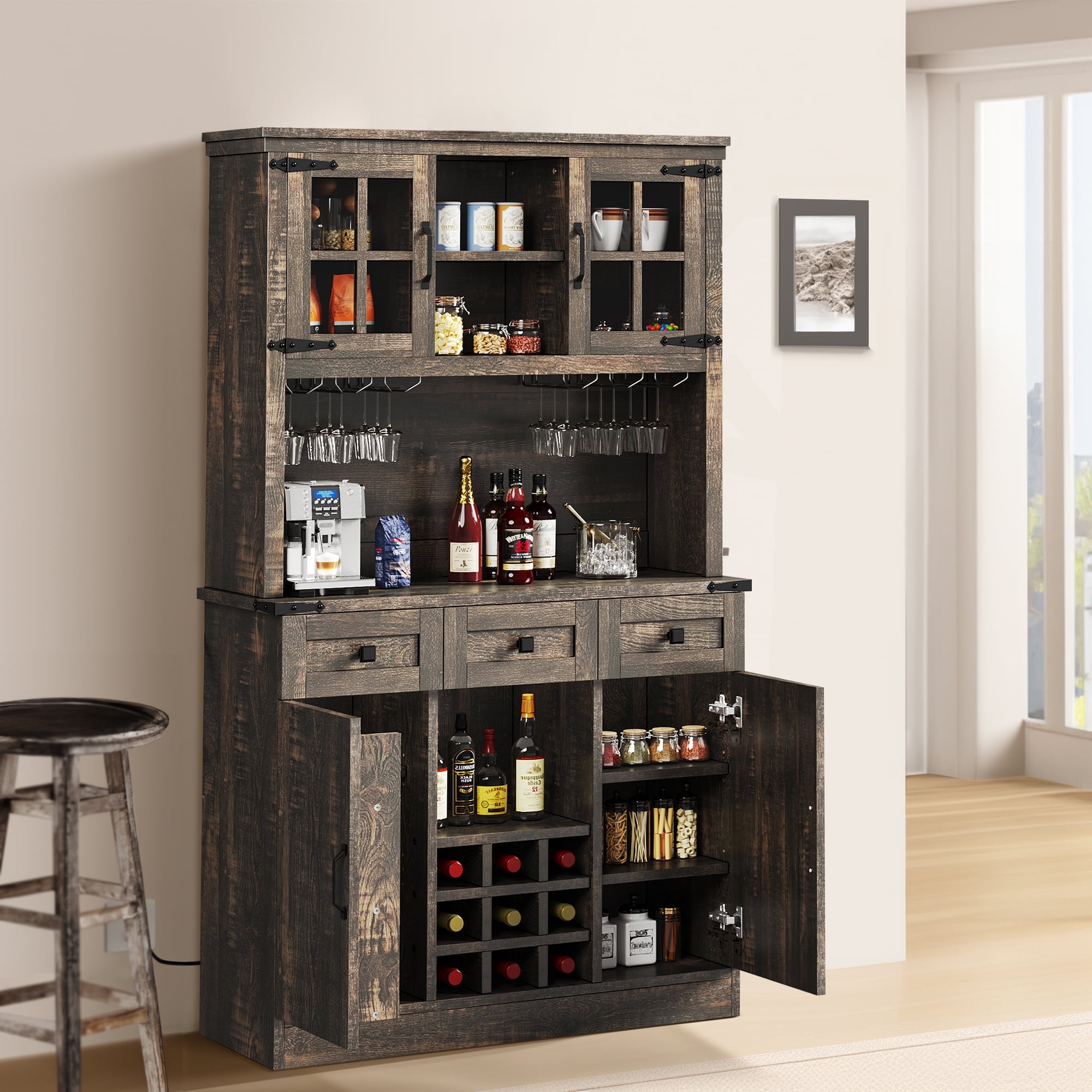 DEXTRUS Kitchen Hutch Cabinet with Charging Station, 72" Freestanding ...
