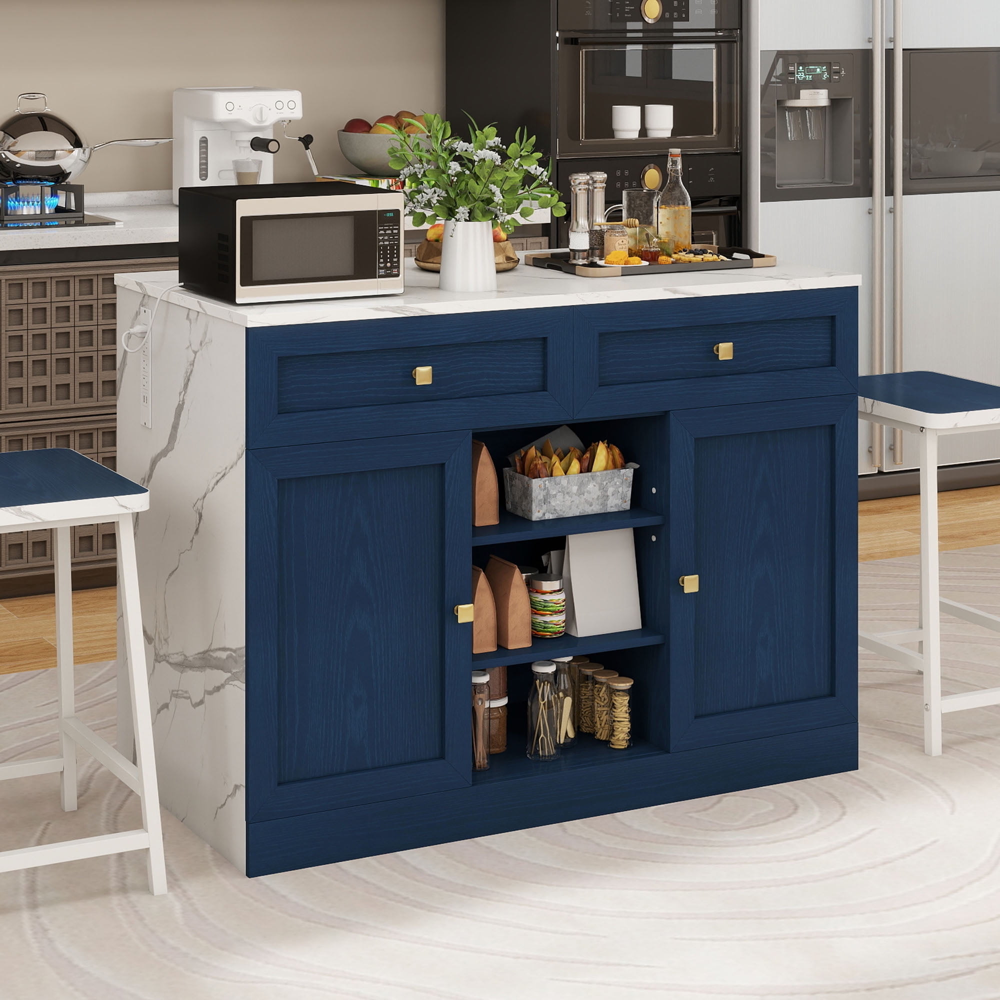 Dextrus Kitchen Island Table with Seating & Power Outlets, Kitchen ...