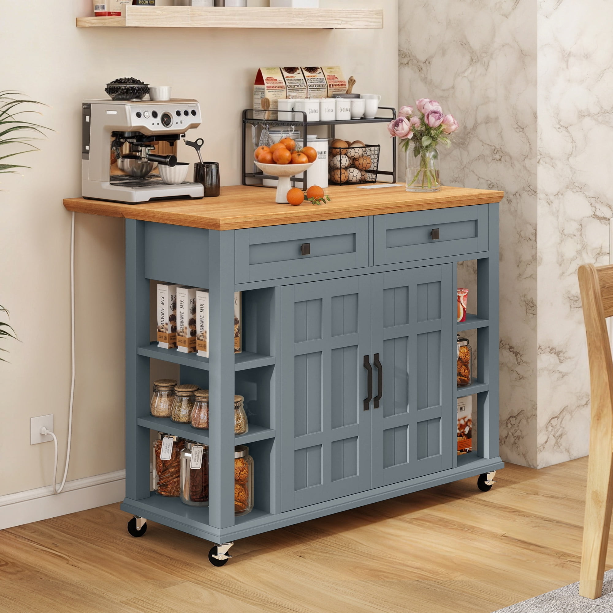 Dextrus Kitchen Island on Wheels with Storage Shelves and Drawers ...