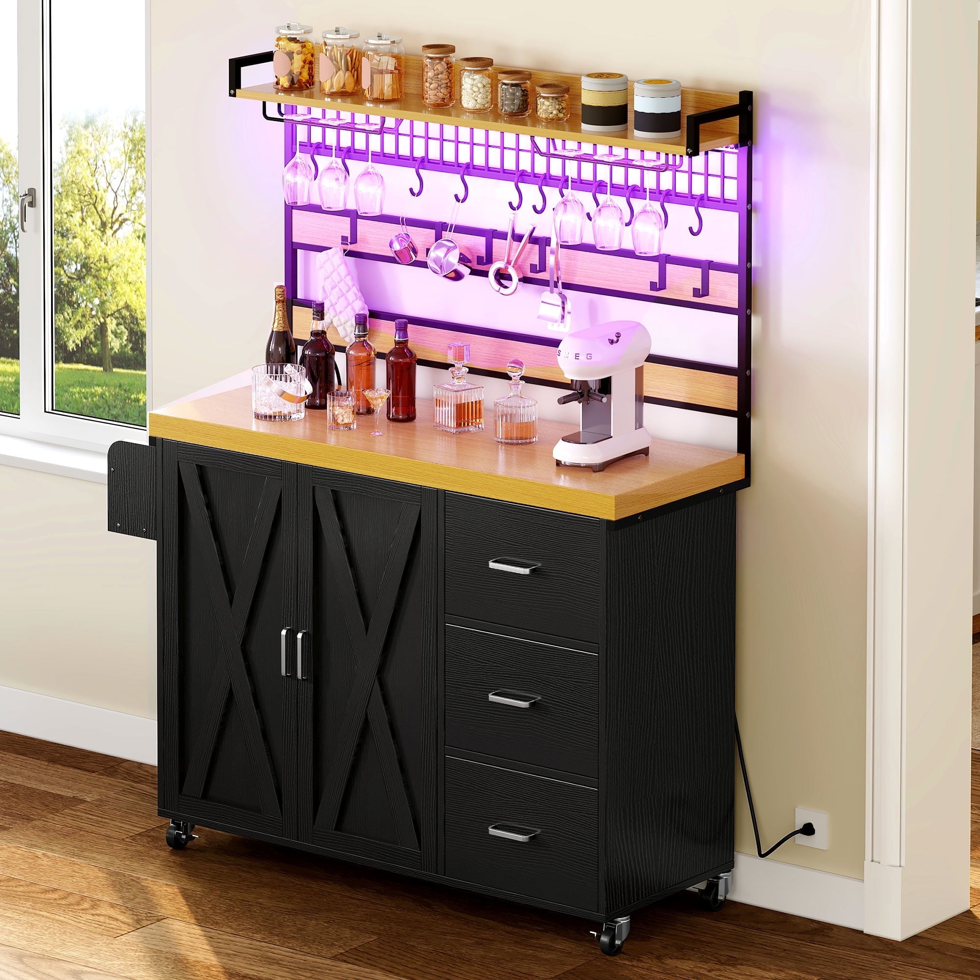 Large Dextrus Black Kitchen Storage Cart with Drawers, 360° Swivel ...