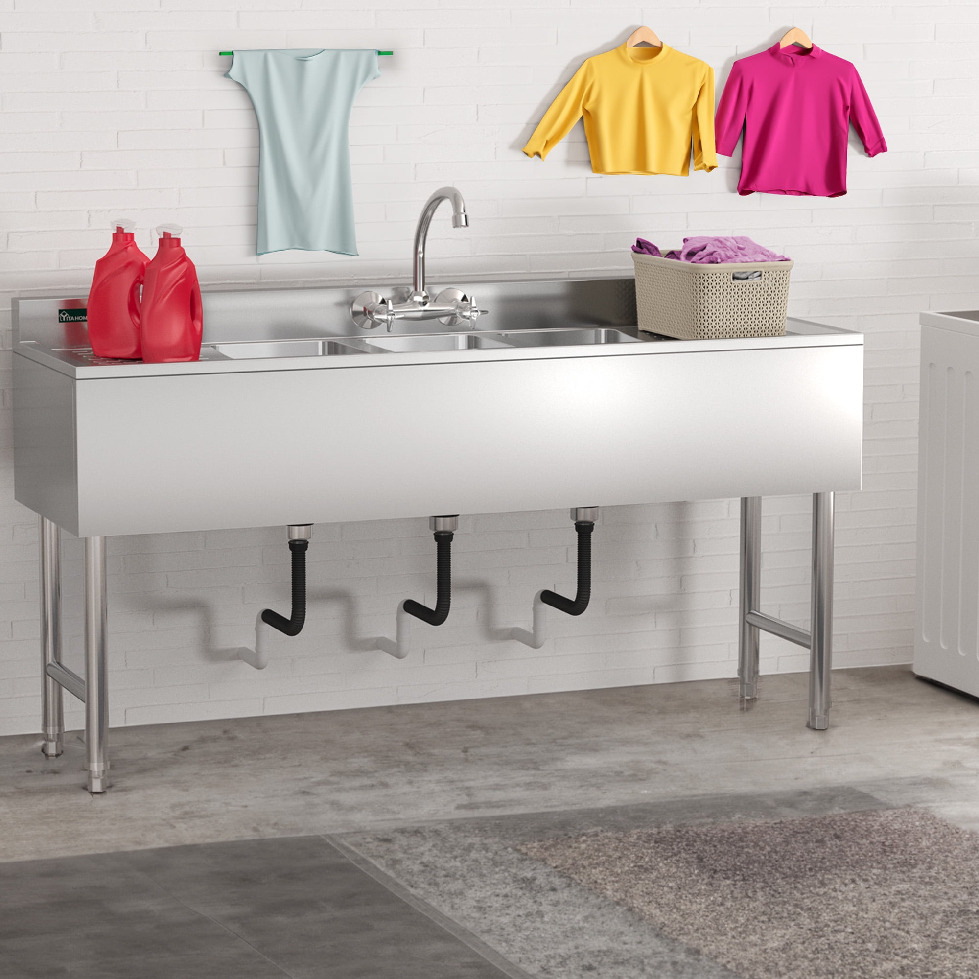 "Dextrus Commercial Stand Alone Double Laundry Stainless Steel Sink, 3 ...