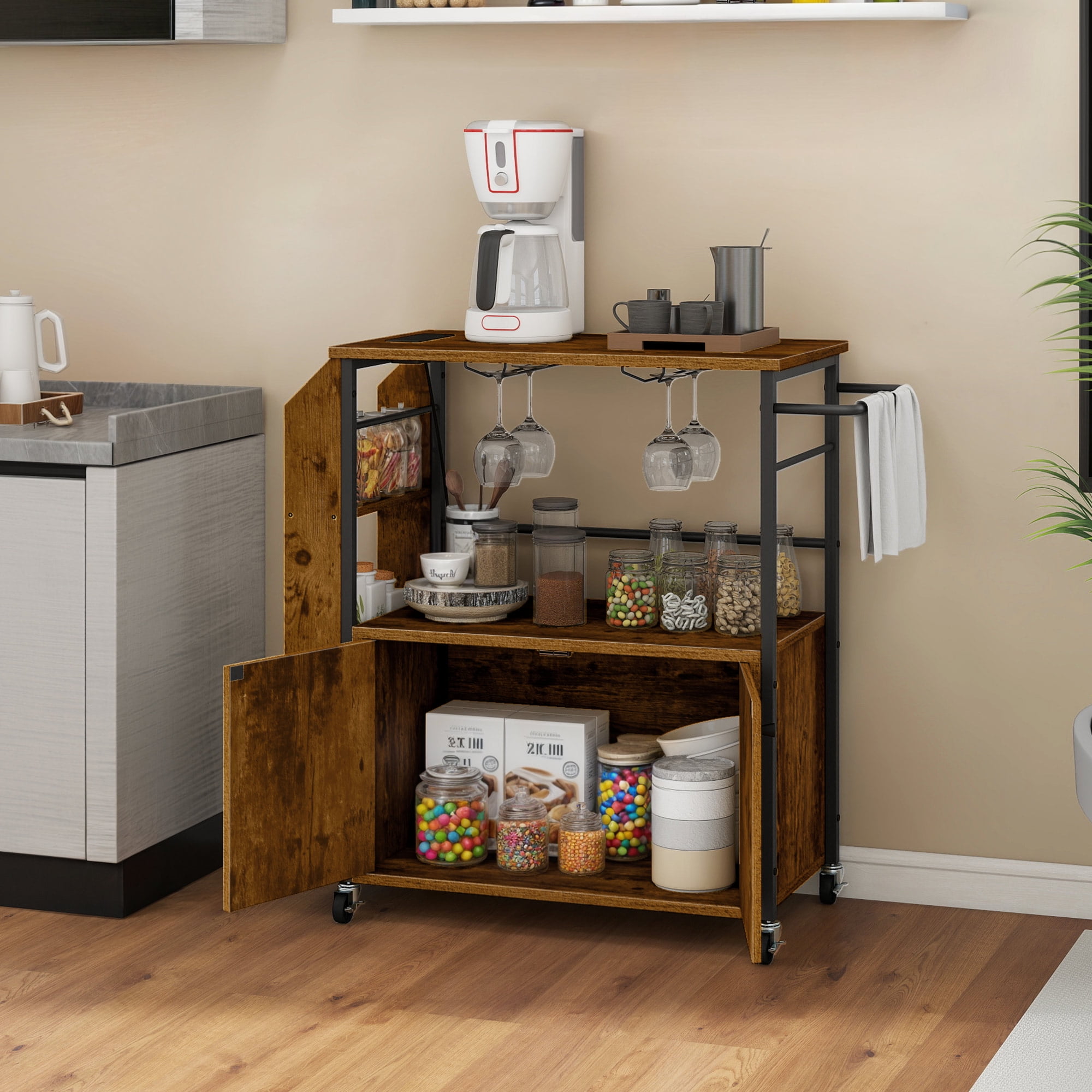 Dextrus Kitchen Storage Cart with Power Outlets & Storage Shelves ...