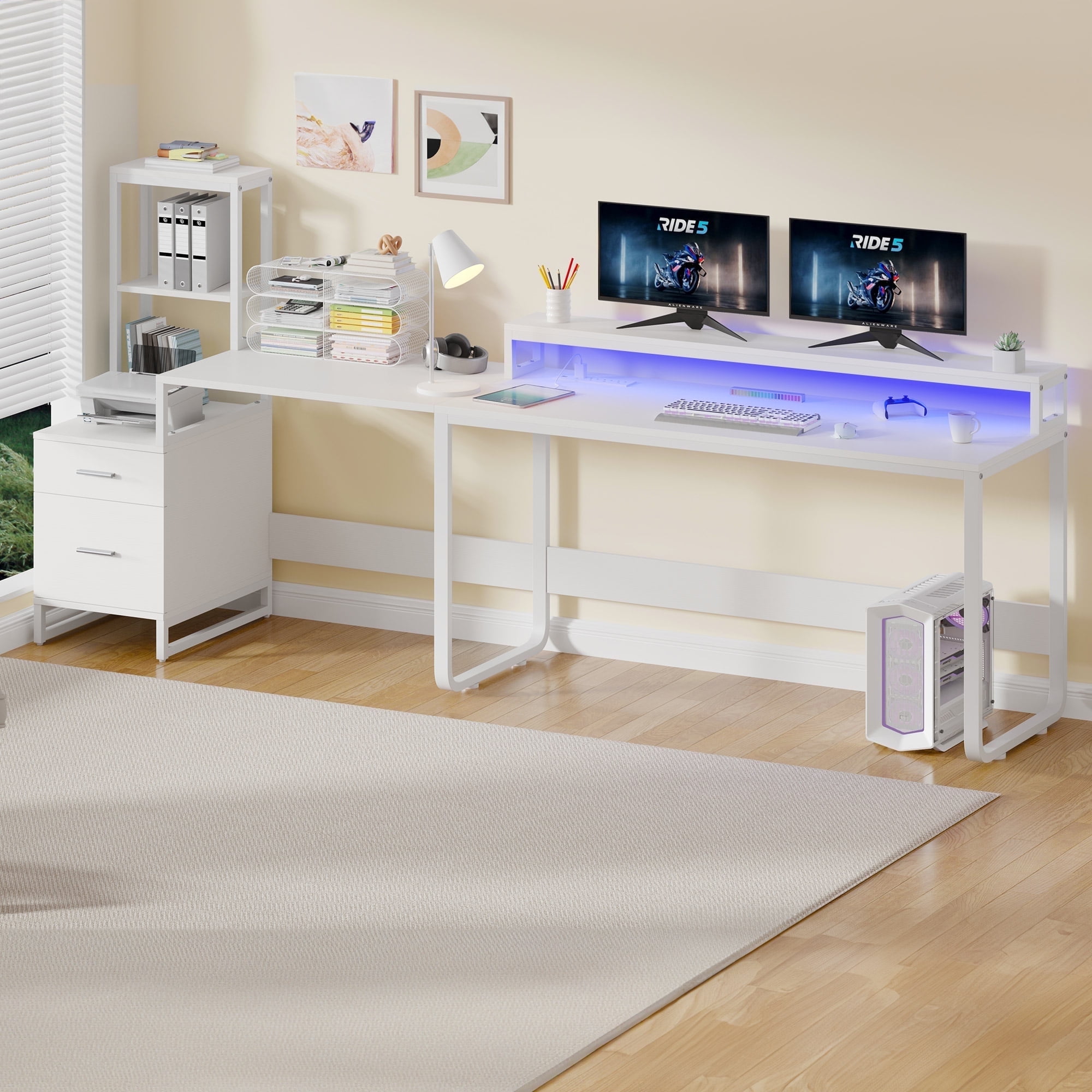 Dextrus L Shape Desk with Hutch Monitor Stand & 2 Drawers, Reversible ...