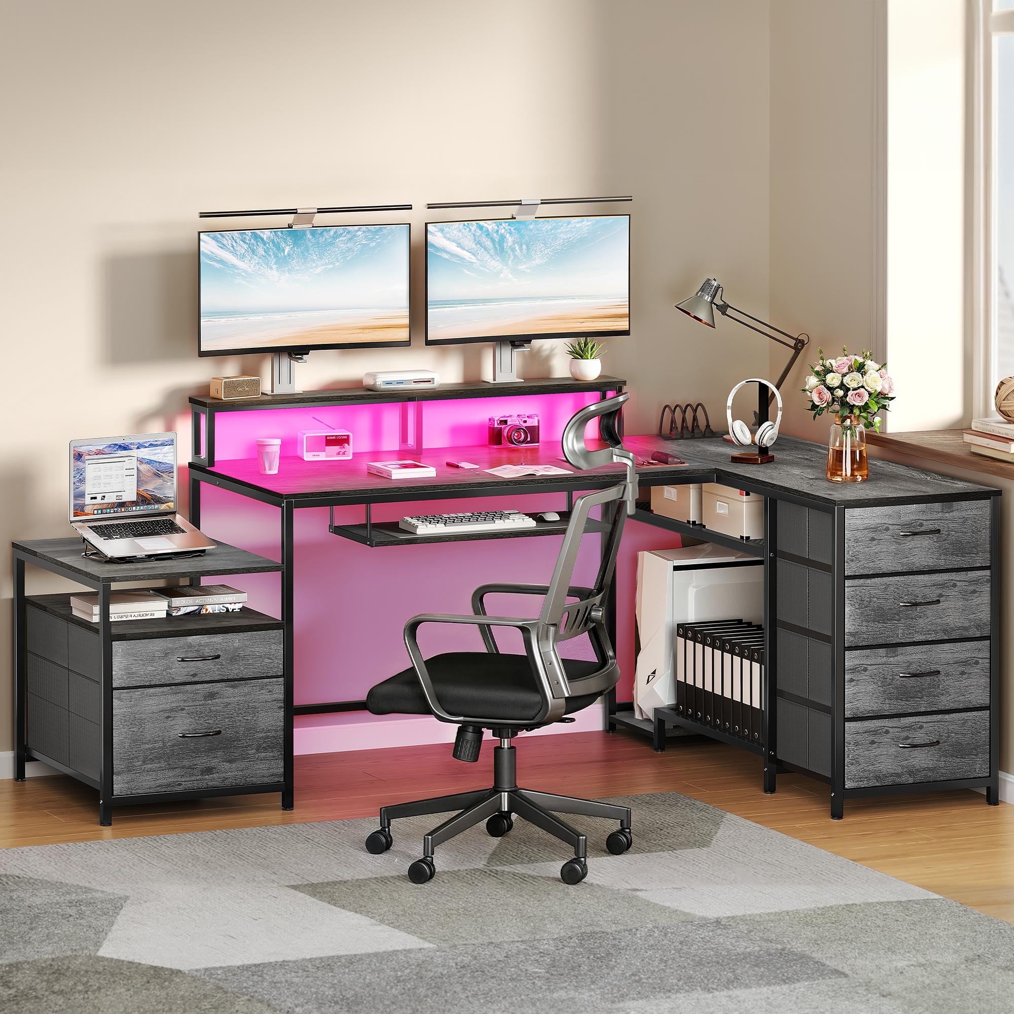 Dextrus L Shape Desk with LED Light & 6 Drawers, Computer Desk with ...