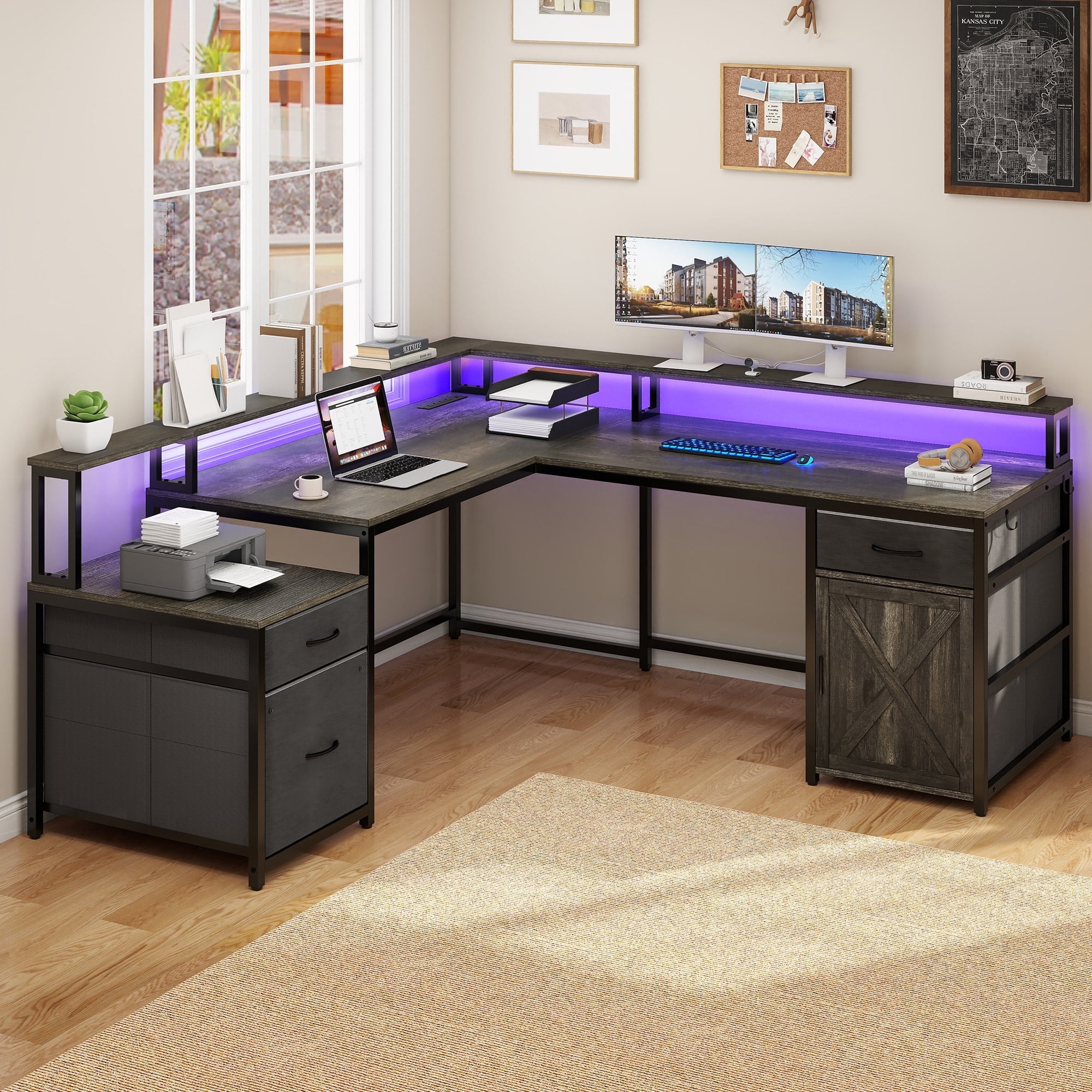 Dextrus L Shape Desk with 3 Drawers& Monitor Stand, Reversible Computer ...