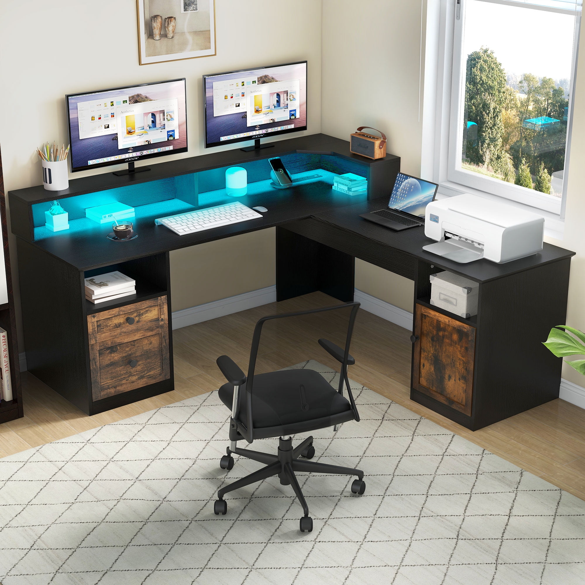Dextrus L Shaped Computer Desk with Power Outlet&LED Lights&File Drawer ...