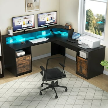 76"H 58"W Computer Desk with Hutch & Power Outlets, Farmhouse Office ...