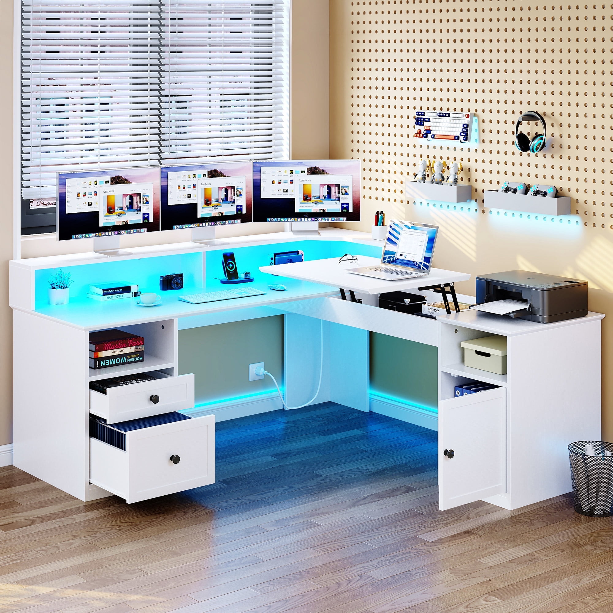Dextrus 60 L Shaped Office Desk with Drawers Lift Top LED Lights File Cabinet White Walmart