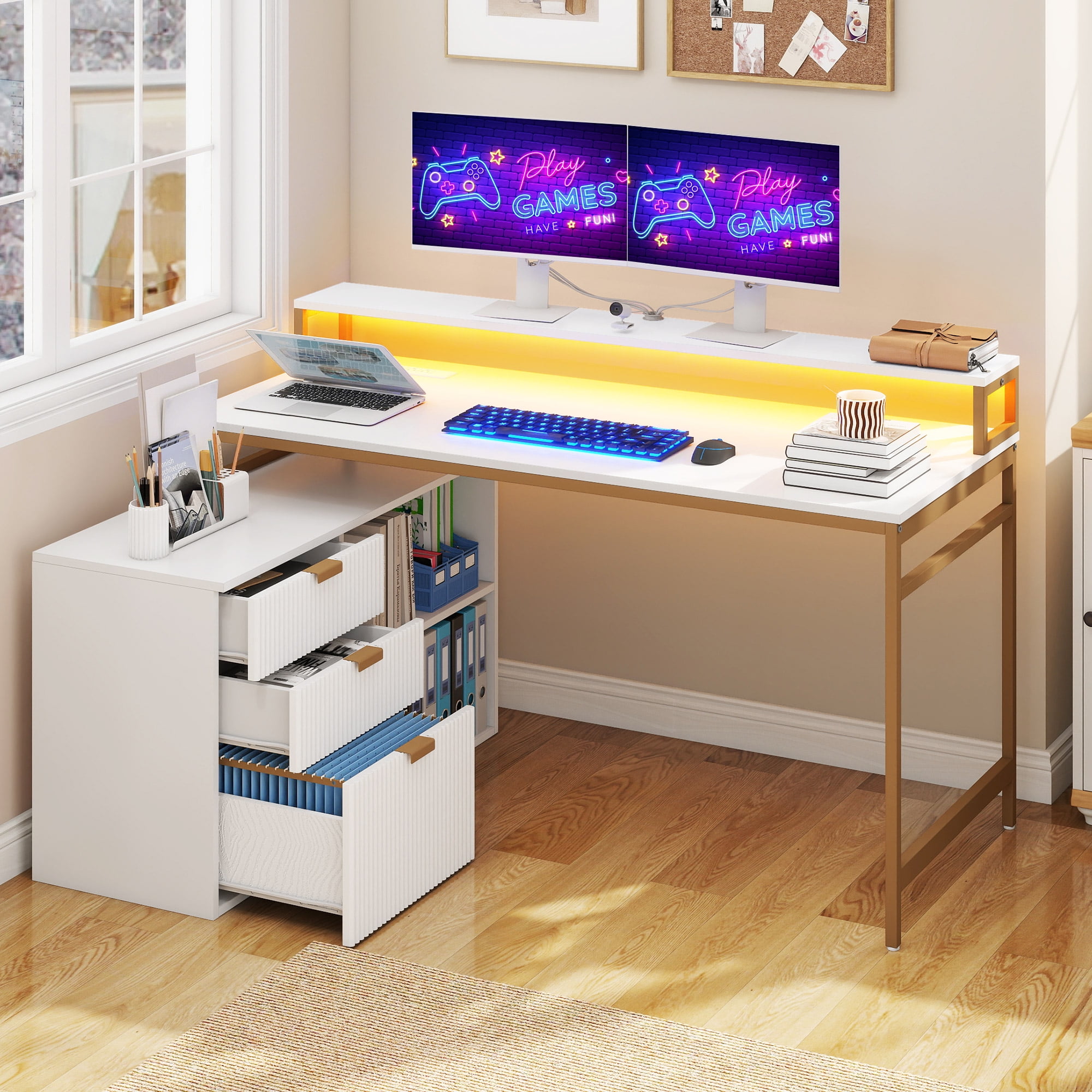 Dextrus L-Shaped Desk with File Cabinet, 55 inch Computer Desk with ...