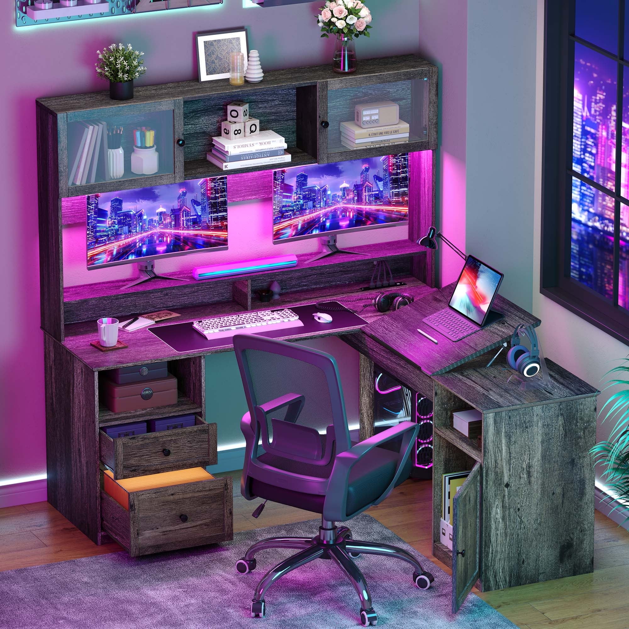 Dextrus L Shaped Desk with Hutch & LED Light, Large Corner Computer ...